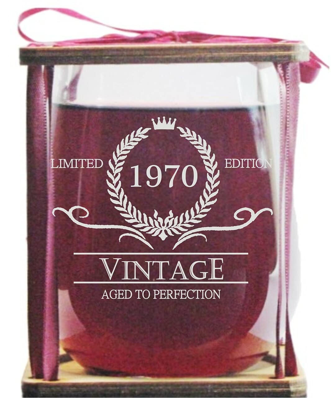Vintage 1970 Limited Edition - Aged To Perfection Stemless Wine Glass and Presentation Packaging