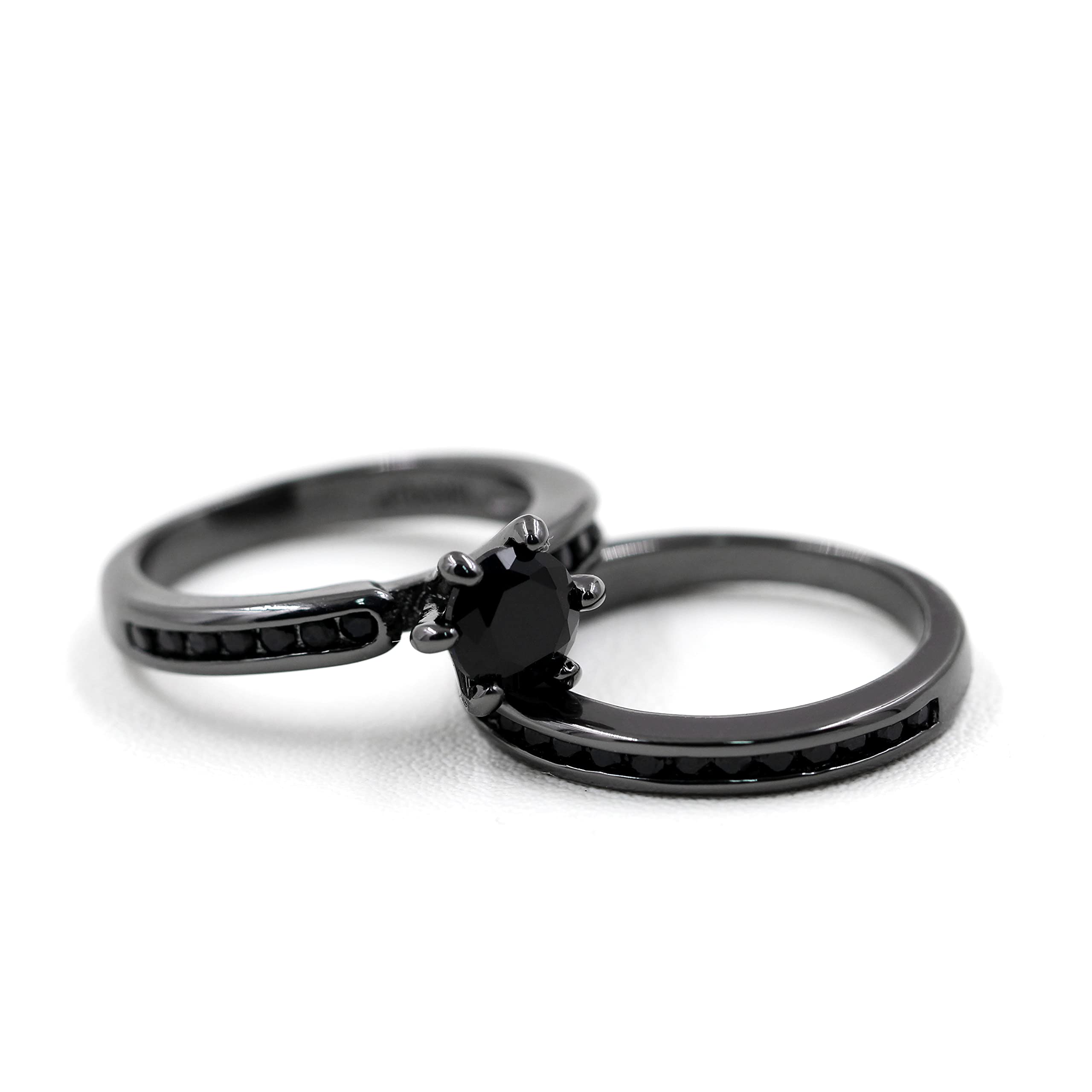 Womens Black Wedding Rings Set Round CZ Stone Vintage 2pcs Engagement Ring Bridal Set Channel-Setting (size 7)