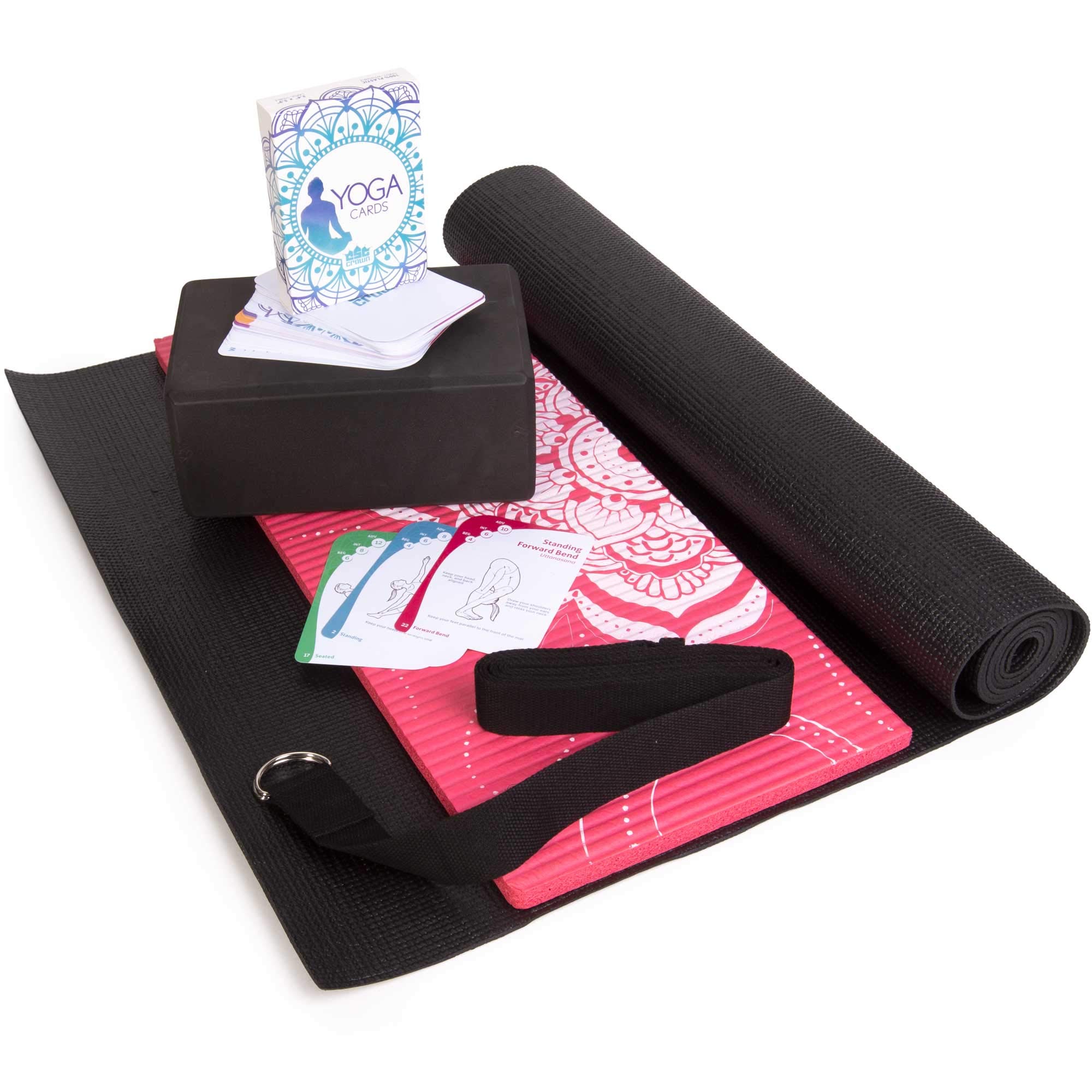 Yoga Basics Starter Kit - Complete Health & Fitness Set for Beginners - Non Slip Black Mat, 4" Foam Block, Coral Knee Pad, 63-Card Deck, & D-Ring Strap - Strength, Balance, Flexibility & Stress Relief