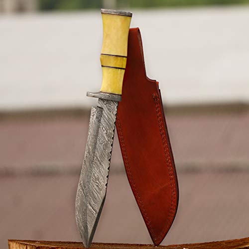 VK2164 Handmade Damascus Steel fixed blade hunting knife with leather sheath