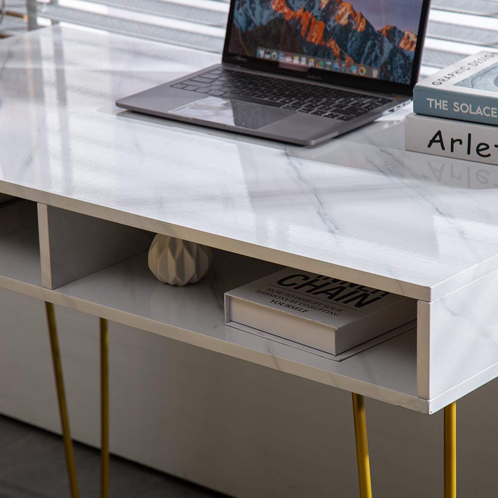 SSLine Gold and White Computer Desk Modern Writing Table Makeup Vanity Desk with White Faux Marble Top and Golden Metal Frame Elegant Laptop PC Workstation w/Two Storage Drawers for Home Office