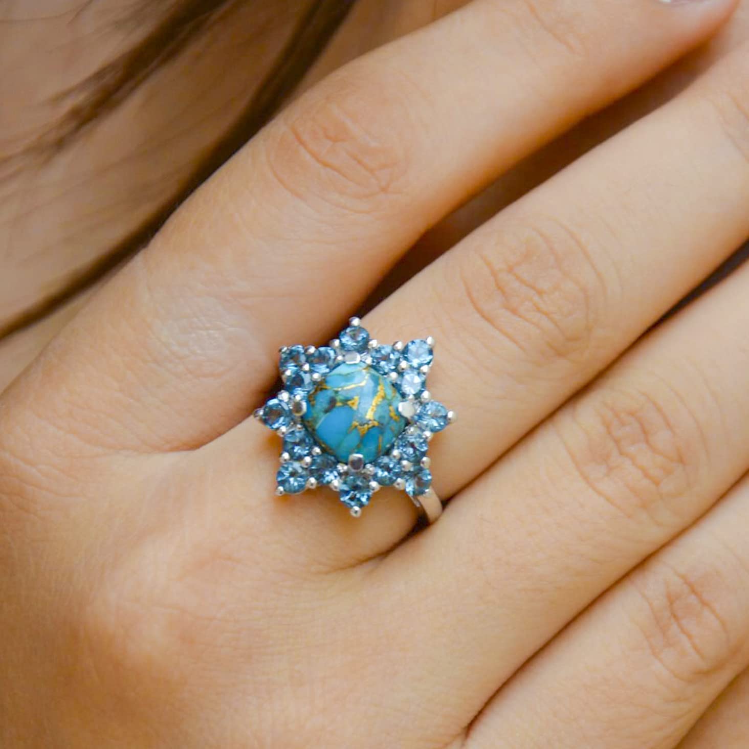 YoTreasure 5.40 ct. t.w. Blue Copper Turquoise 925 Sterling Silver Flower Cluster Ring Jewelry