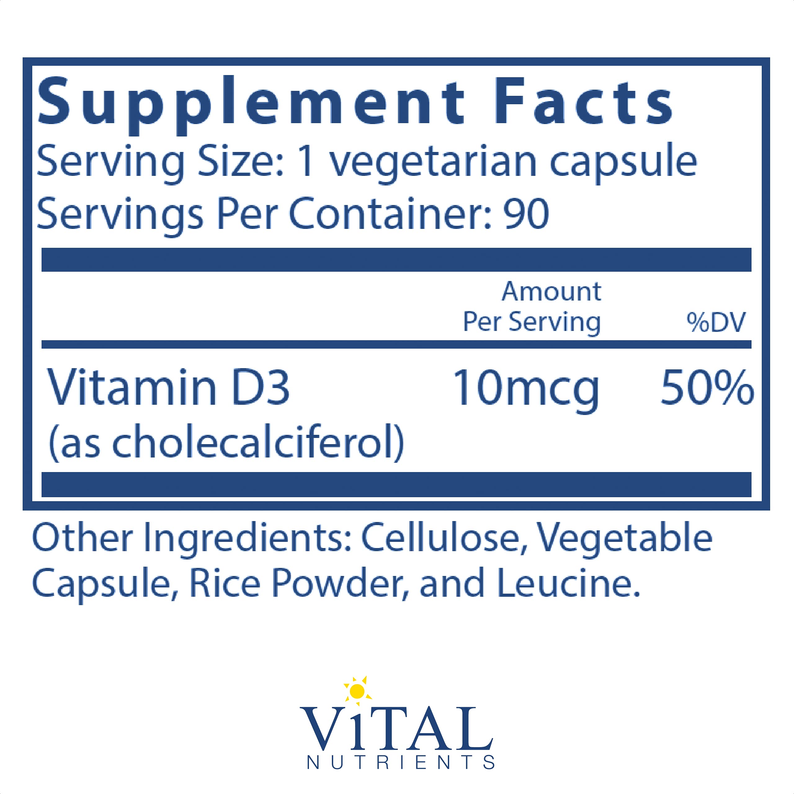 Vital Nutrients - Vitamin D3 - Supports Calcium Absorption and Bone Health - 90 Vegetarian Capsules per Bottle - 10 mcg