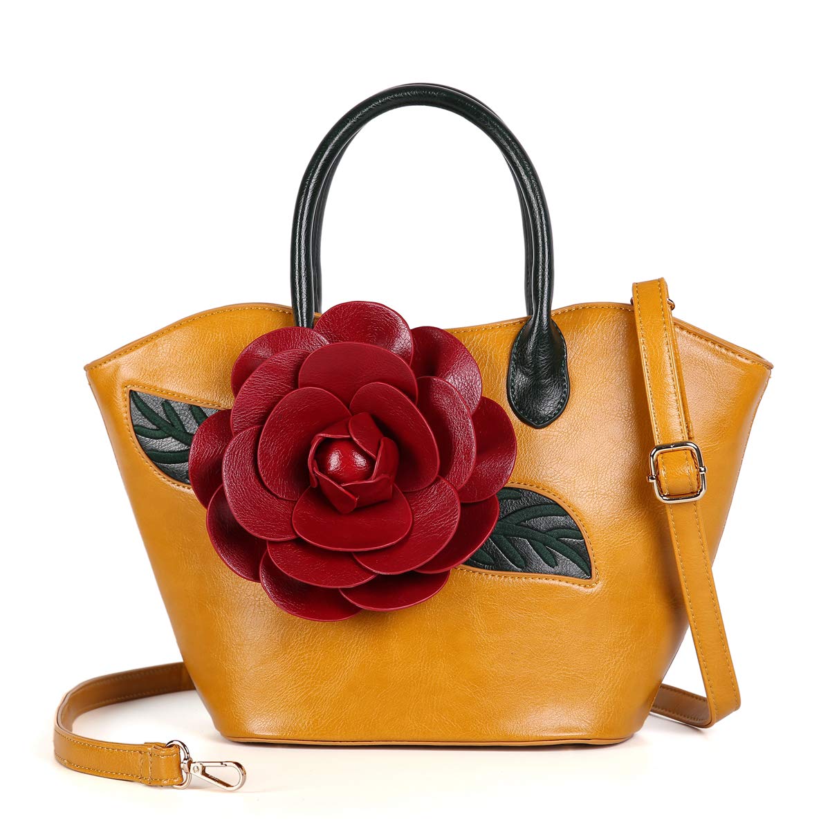 VANILLACHOCOLATE Women Purse Large Rose Flower Handbag Faux Leather Tote Bag (Yellow)