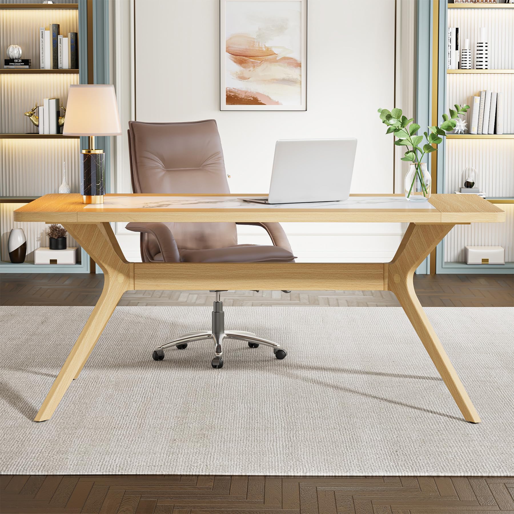 Tribesigns 63-Inch Executive Desk, Modern Office Desk with Solid Wood X-Shape Frame, Large Computer Desk Writing Table Business Furniture for Home Office (Oak and White Marble)