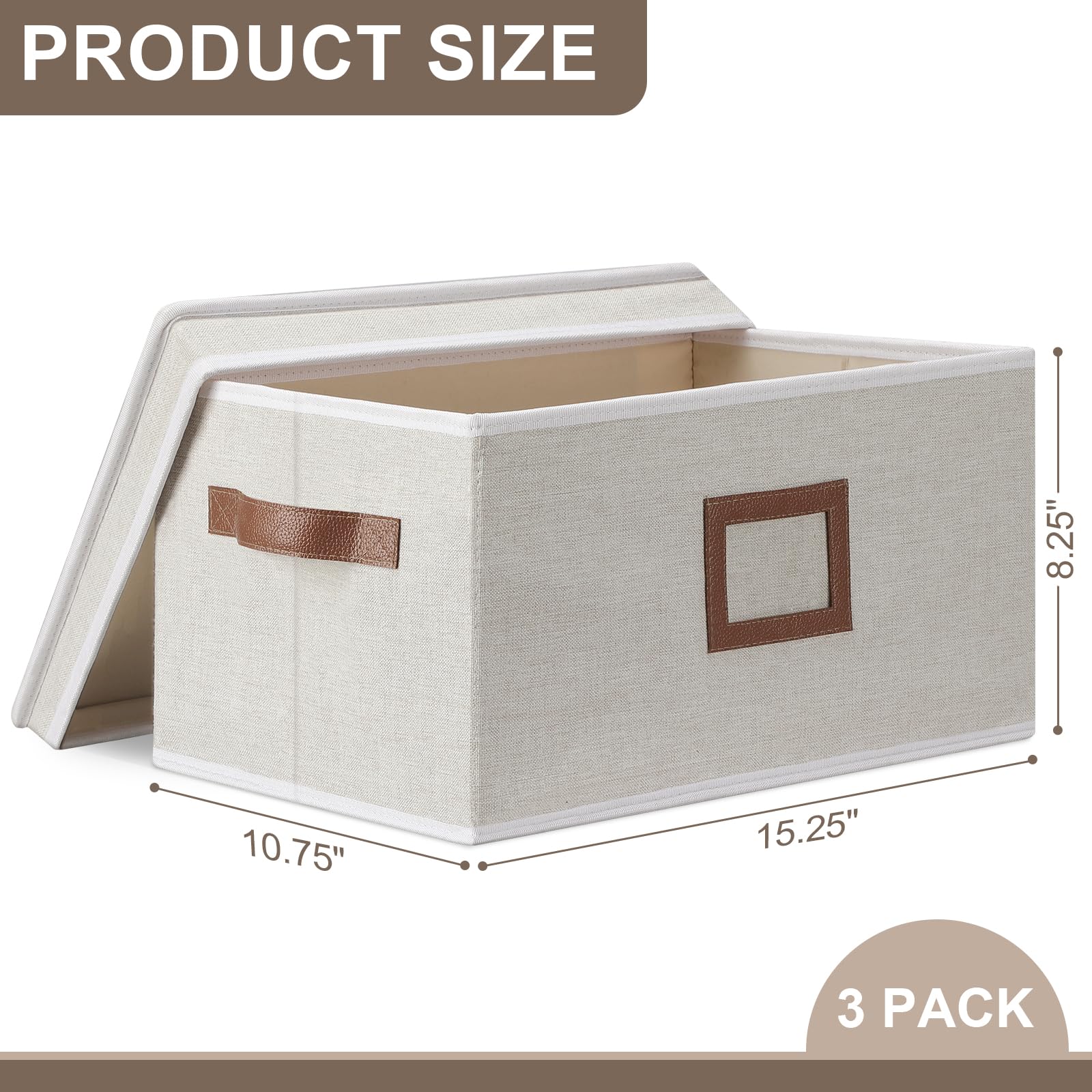 Storage Boxes with Lids, 3 Pack Fabric Collapsible Storage Organizer Container with Leather Handle, 15.25 x 10.75 x 8.25 inch Rectangular Storage Bins Baskets for Shelves Home Nursery, Ivory White