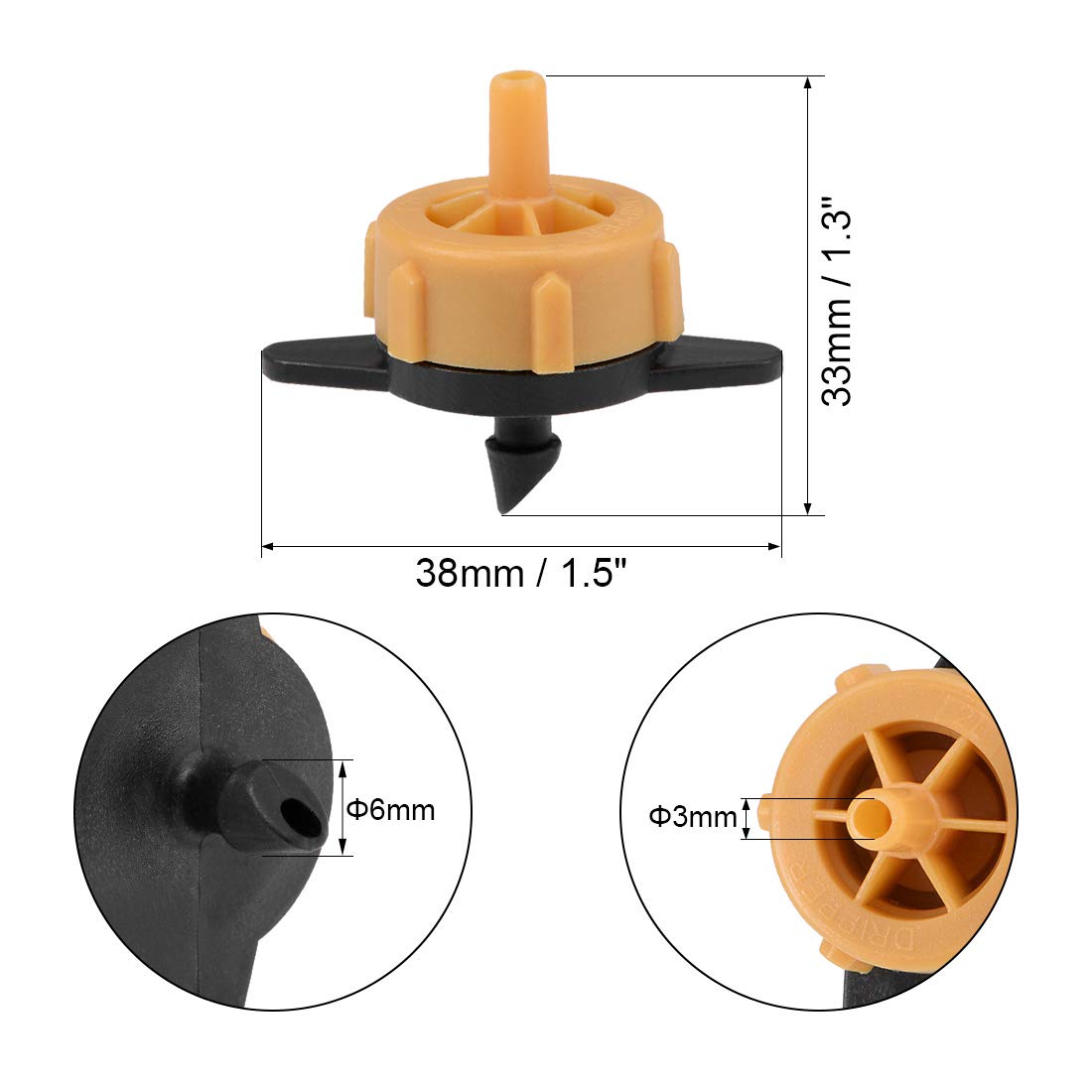 uxcell Pressure Compensating Dripper 0.5 GPH 2L/H Emitter for Garden Lawn Drip Irrigation with Barbed Hose Connector, Plastic Black Orange 50pcs