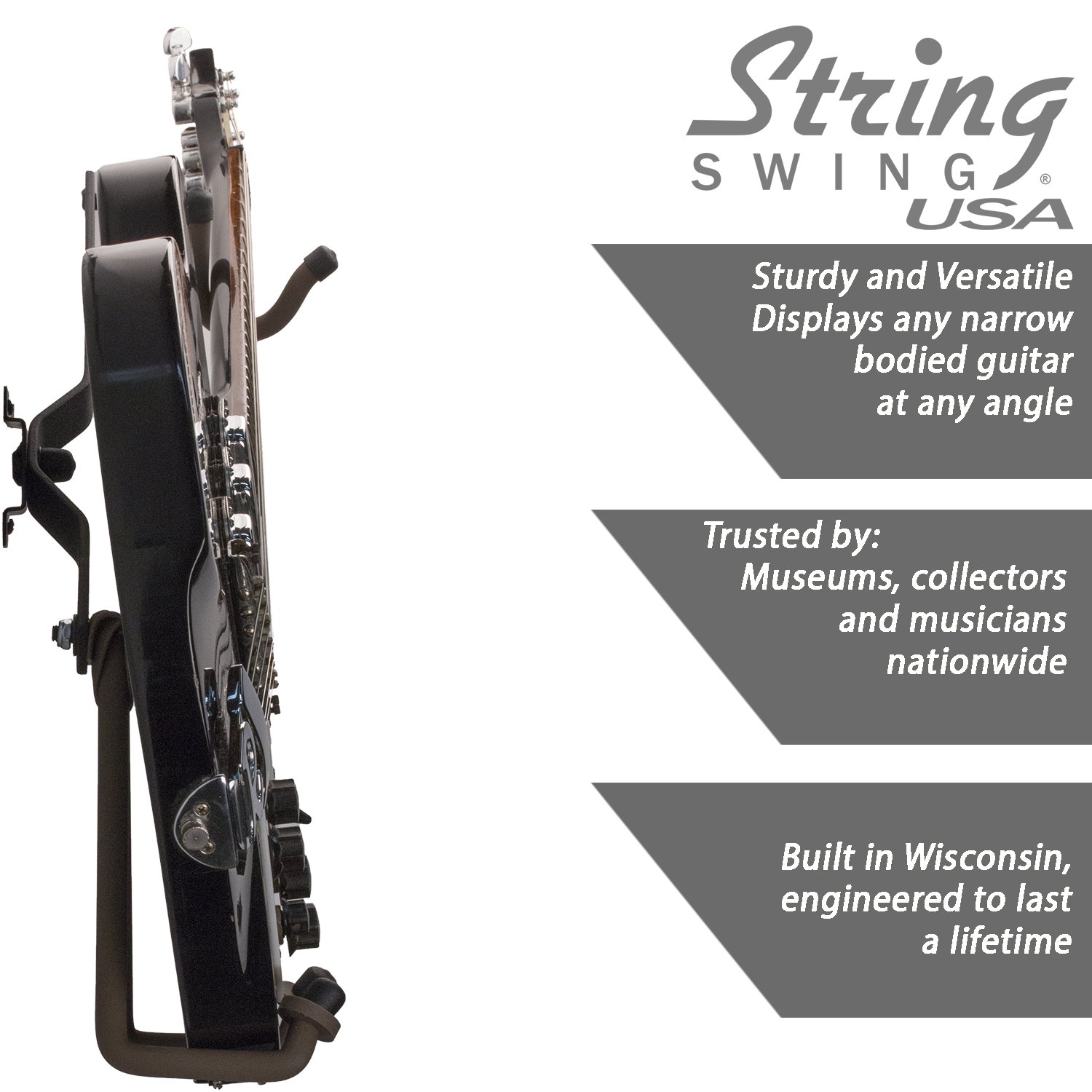 String Swing Guitar Holder Horizontal Low-Profile Narrow-Body for Flat Wall Mount Bass and Electric Guitars- 1 Piece Unit CC151-LPN-FW