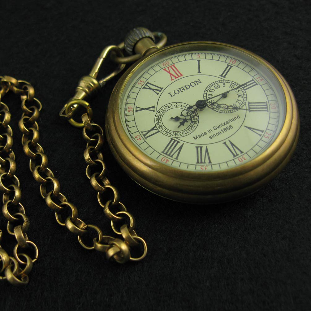 VIGOROSO Men's Vintage Full Copper Hand-wind Mechanical Second&24hours Sub-dials Pocket Watch in box