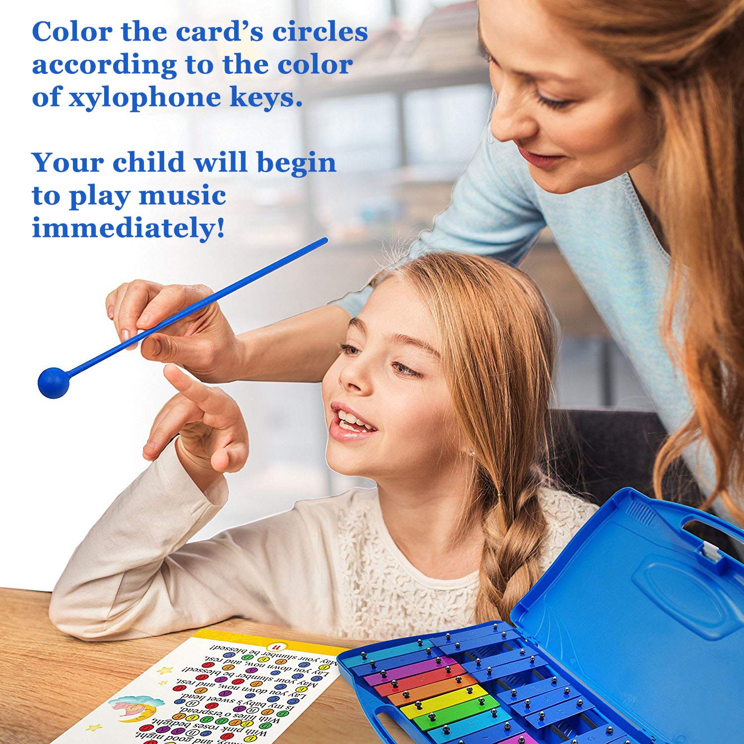 Xylophone 25 Note Colorful Chromatic Glockenspiel in Case Clear Tuned Metal Keys - Card Set w Songs