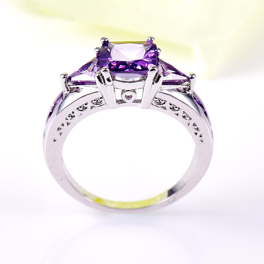 Veunora Silver Plated Princess Cut Created Amethyst Cubic Zirconia Filled Dainty Ring for Women Size 10