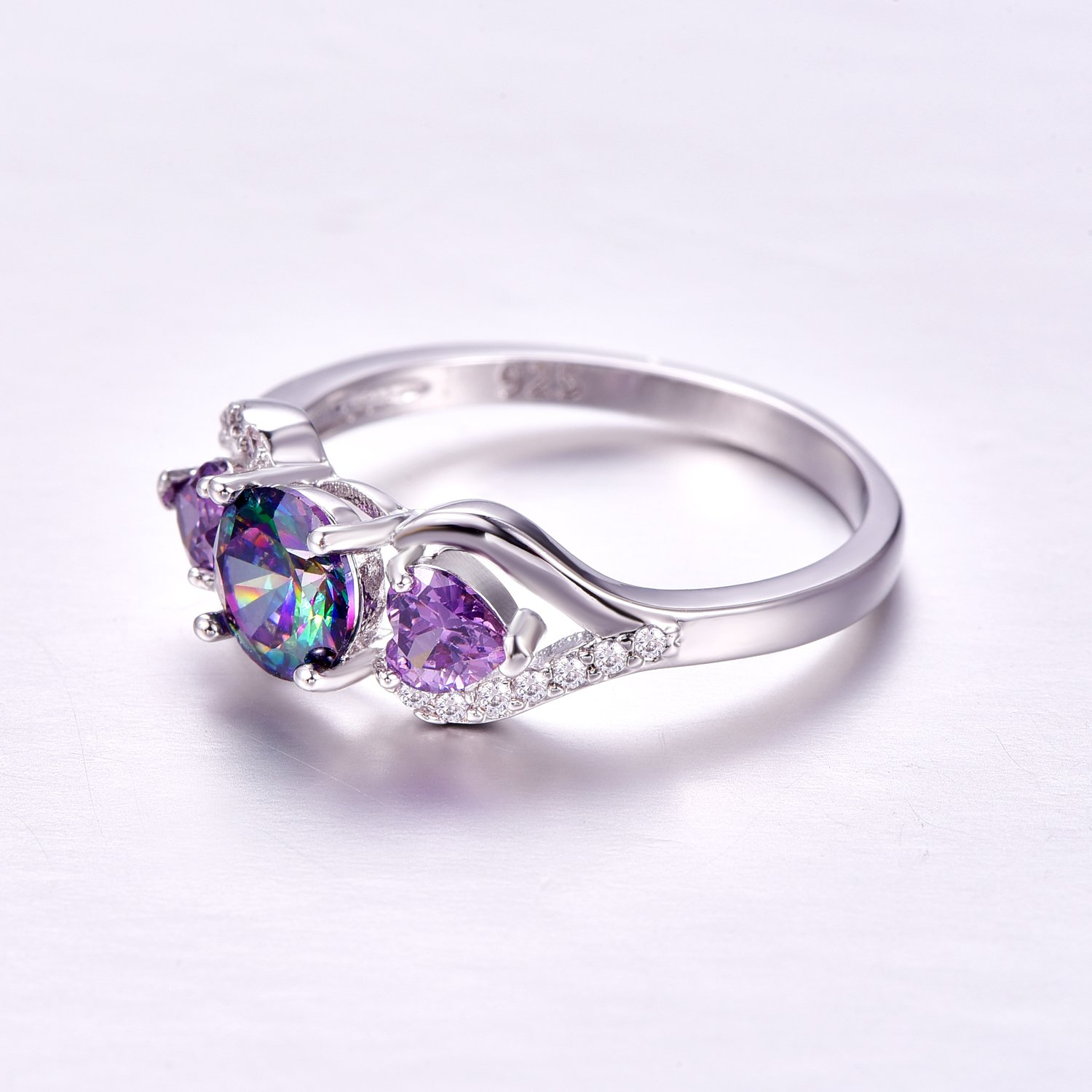 Veunora Silver Plated Created Rainbow Topaz Cubic Zirconia Filled Love Heart Ring Band for Women Size 7