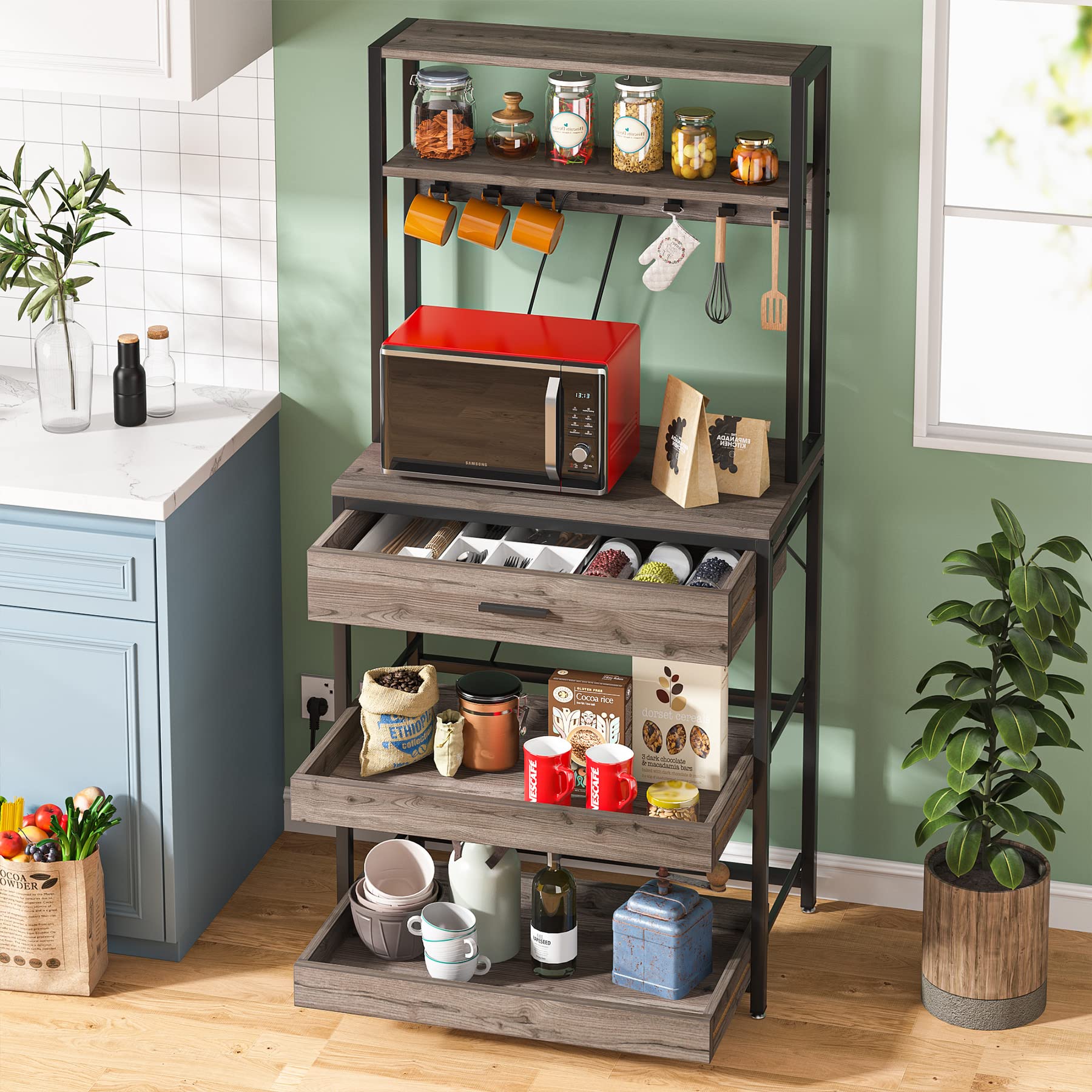 Tribesigns Kitchen Bakers Rack with Power Outlets, 5-Tier Microwave Oven Stand with Drawer and Sliding Shelves, Freestanding Coffee Bar, Kitchen Storage Shelf Organizer with 6 Hooks, Grey