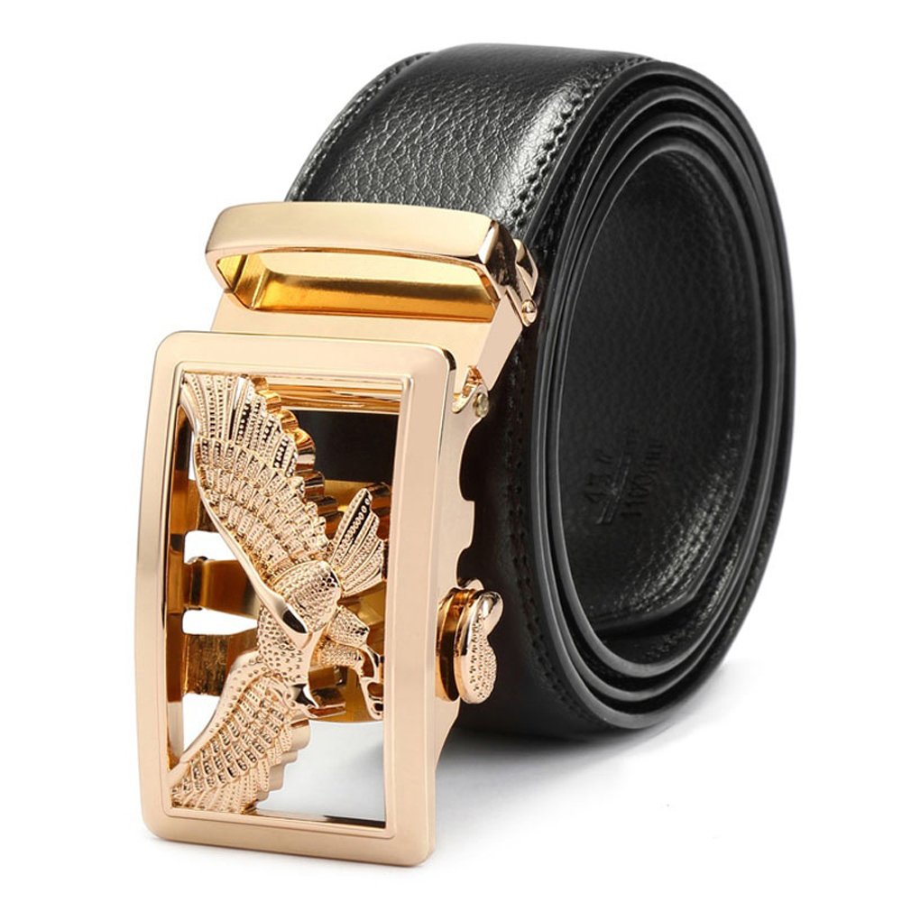 Volanic Men's Leather Ratchet Dress Belt with Gold Color Automatic Buckle