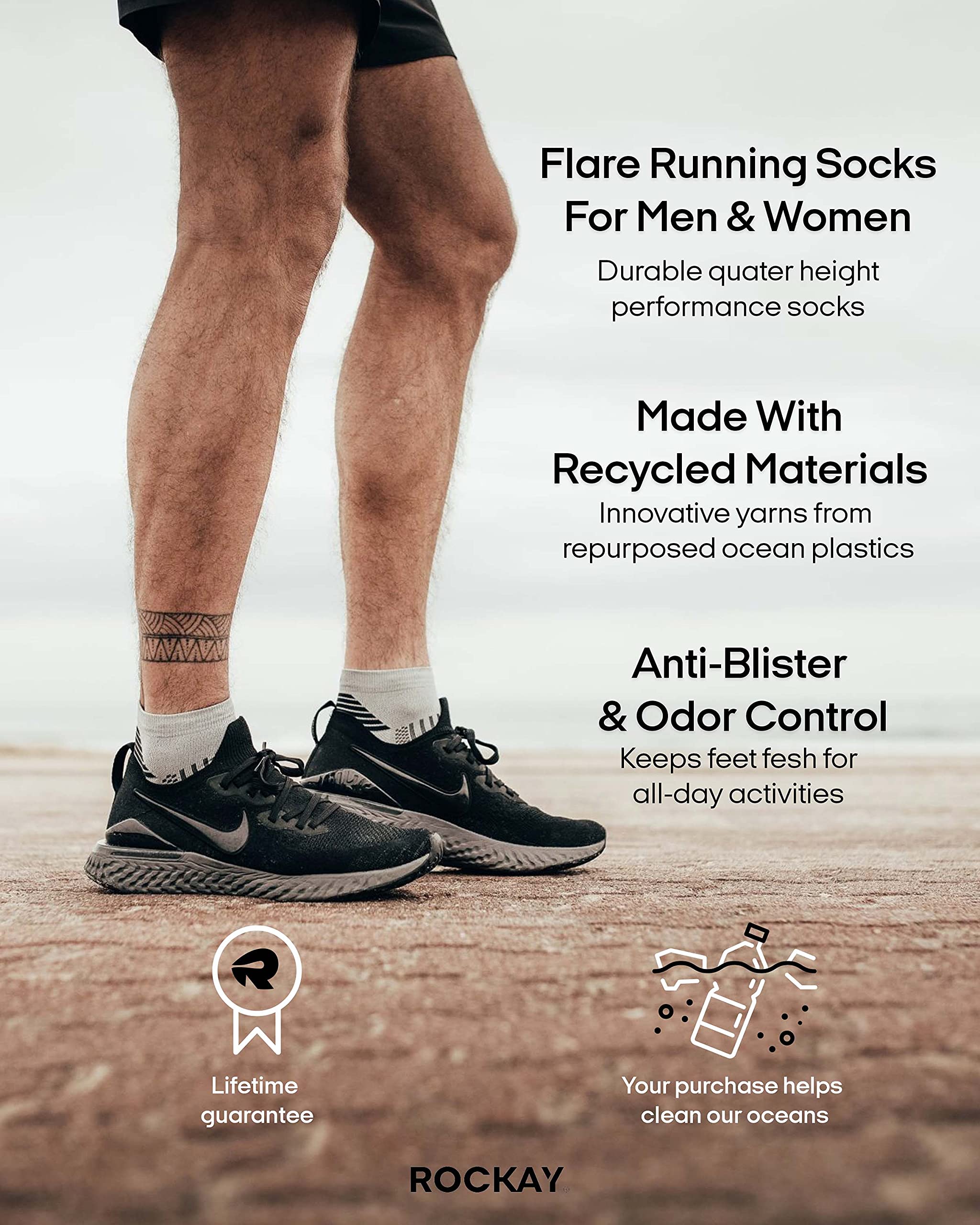 Rockay Flare Running Socks for Men and Women, Cushion, Quarter Cut, Arch Support, 100% Recycled, Anti-Odor (1 Pair)