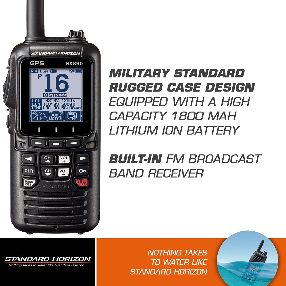 STANDARD HORIZON HX890BK VHF-HH, 6 Watt, w/GPS&FM Rcvr