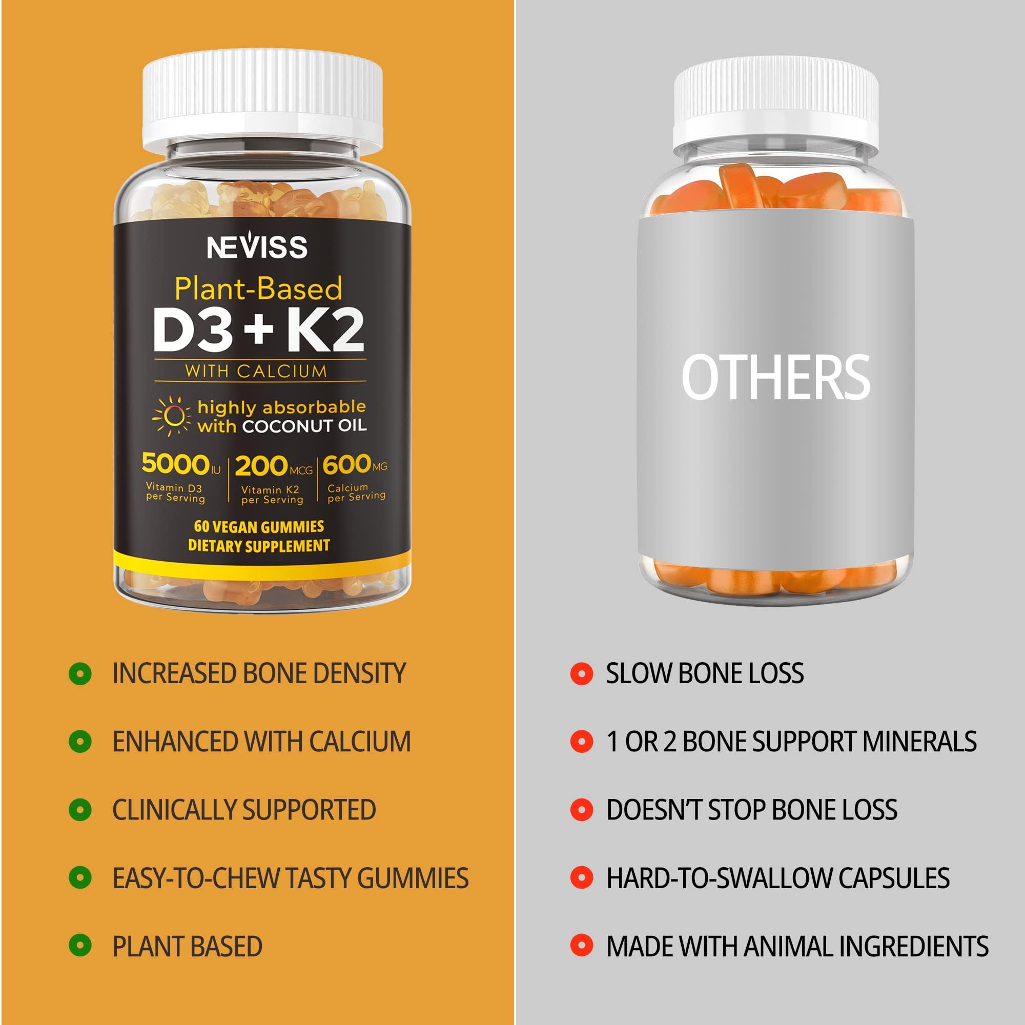 Vitamin D3 5000iu & K2( as MK7 ) 200mcg Gummies + 600mg Calcium, with Coconut Oil for High Absorption, Maximum Strength Vitamin D3 K2 Supplement - Support for Bones Muscle Teeth Immune, Vegan 2Packs