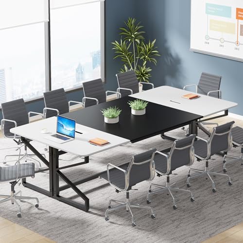 Tribesigns 8FT Conference Table, Modern Rectangular Meeting Room Table with Cable Grommet, 94.48L x 47.24W x 29.52H Inch, Large Seminar Table for Home Office, Meeting Room (White and Black)