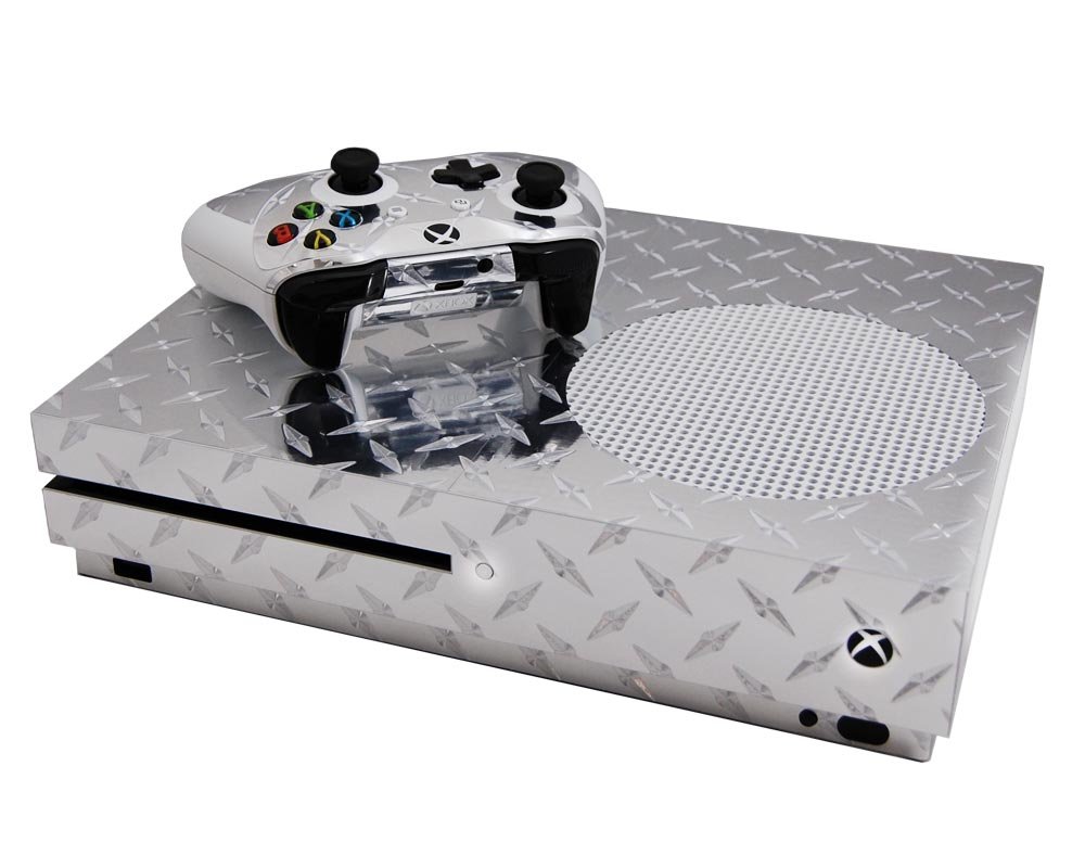 Silver Diamond Plate Mirror - Vinyl Decal Mod Skin Kit by System Skins - Compatible with Microsoft Xbox One Slim (XB1 Slim)