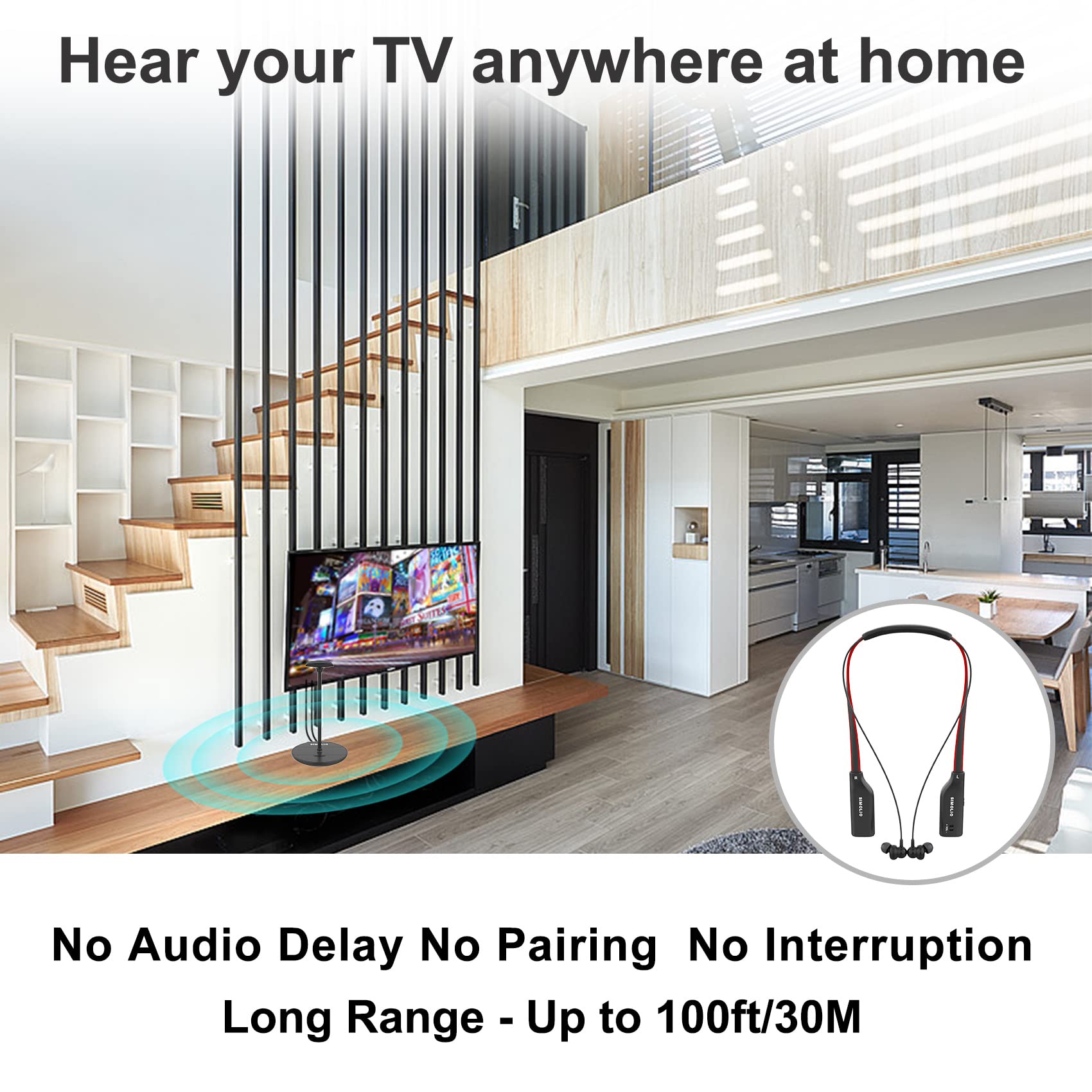 SIMOLIO Dual Wireless Headphones for TV Watching with Transmitter/Charging Stand 2-in-1, Spare Battery & Dialog Mode & Balance Control for Seniors, Optical/RCA/AUX Compatible, Bypass to Soundbar