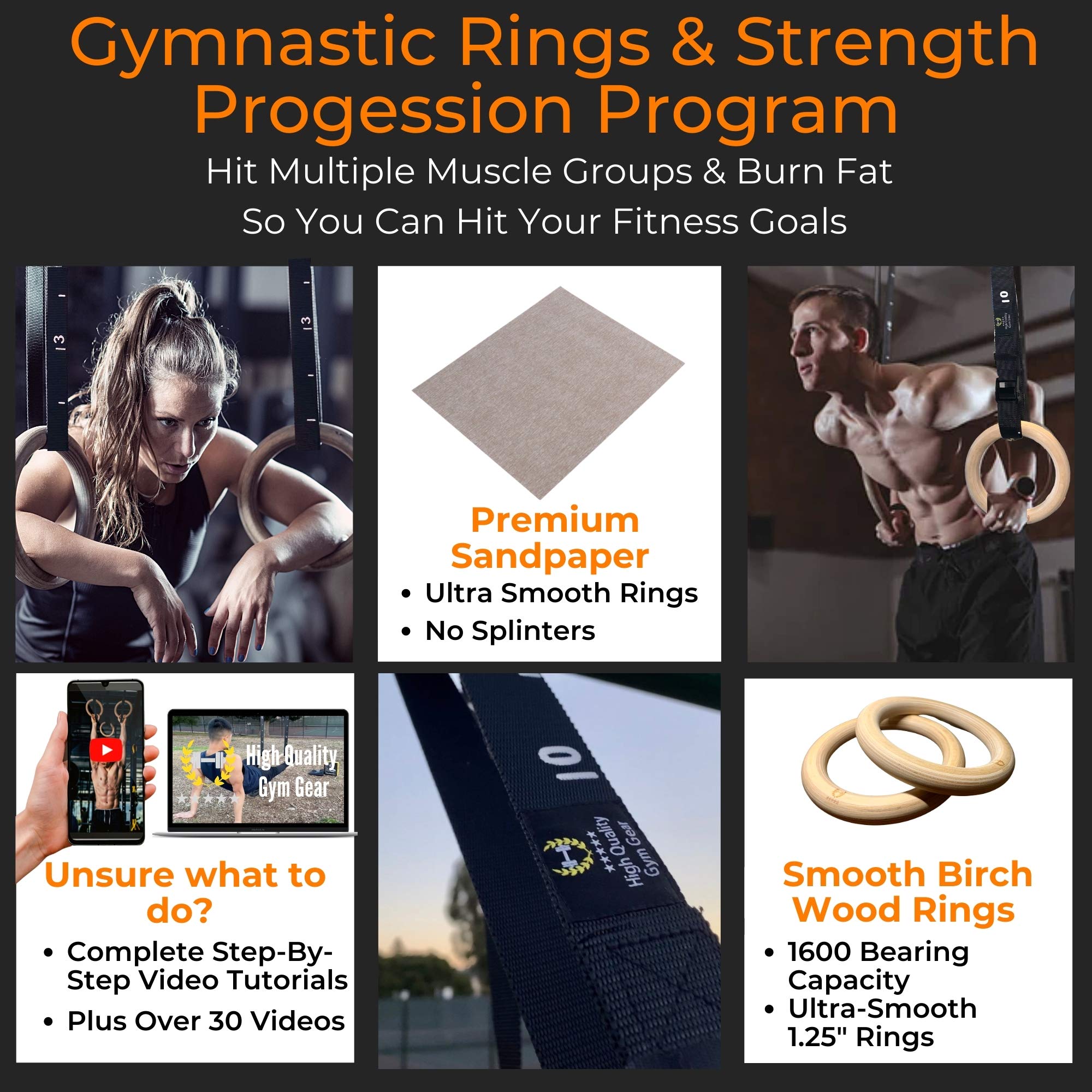 Wooden Gymnastic Rings with Adjustable Straps - 1.25” Non-Slip Olympic Rings 1600lbs - 15ft Long Numbered Straps - Quick Install Cam Buckle - For Pull Ups Cross-Training and Home Gym Full Body Workout