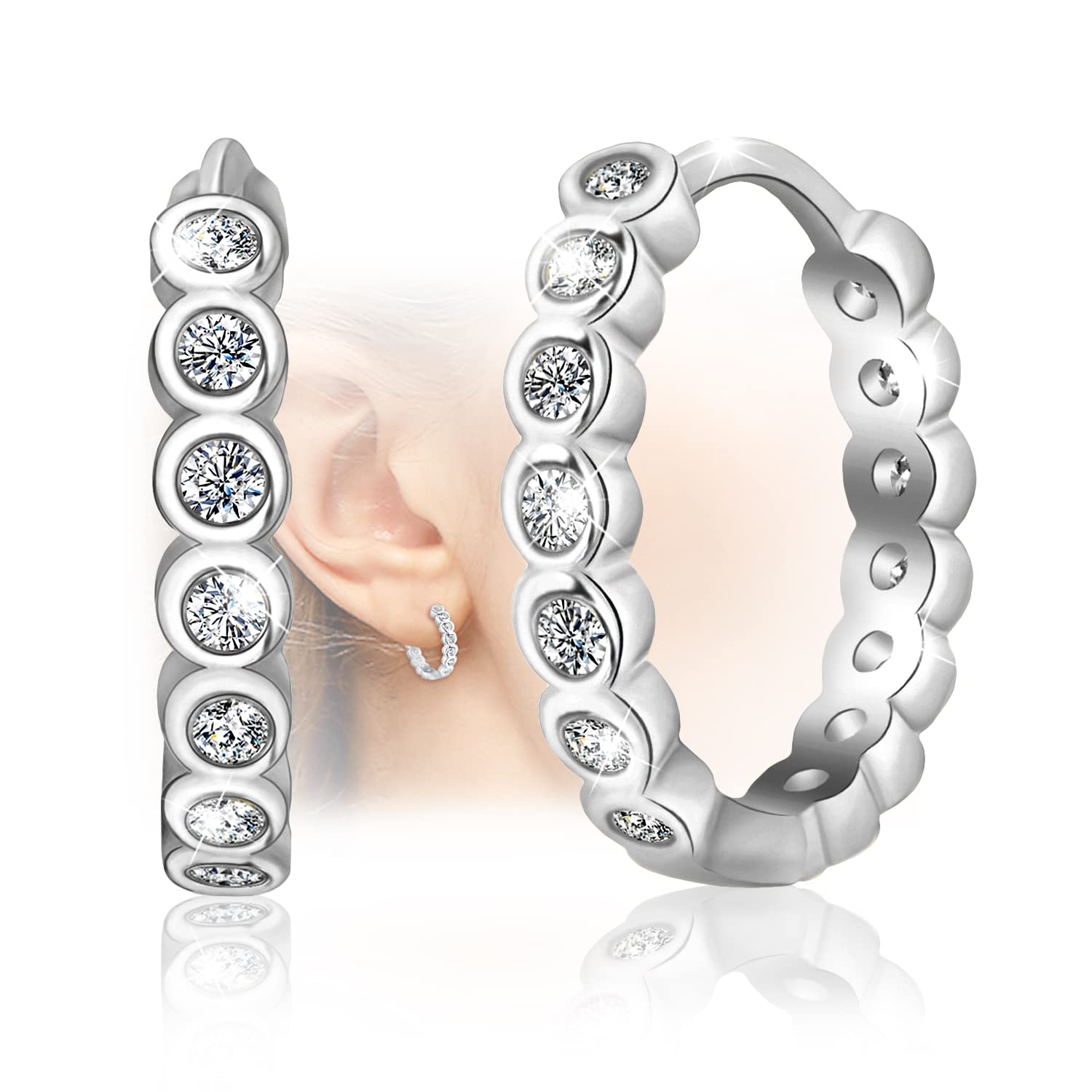 Silver Hoop Earrings for Women - Sterling Silver Hypoallergenic Cubic Zirconia Huugie Hoop Earrings Minimalist Dainty CZ Hoop Earrings Mother's Day Gifts