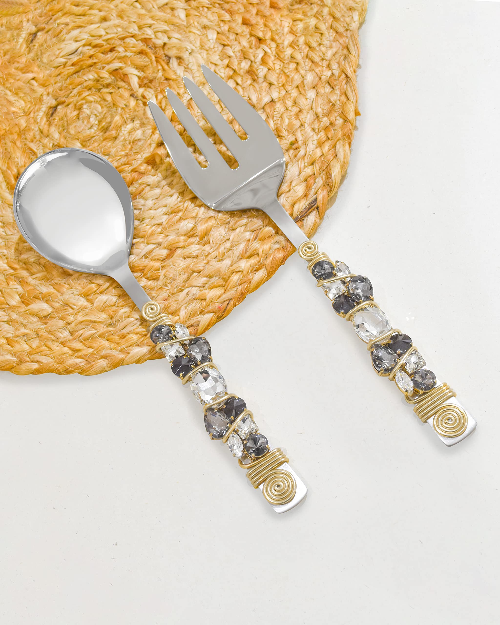 YoTreasure Tiramisu Crystal Radiance Stainless Steel Black & White Salad Server Spoon and Fork Set for Modern Kitchen