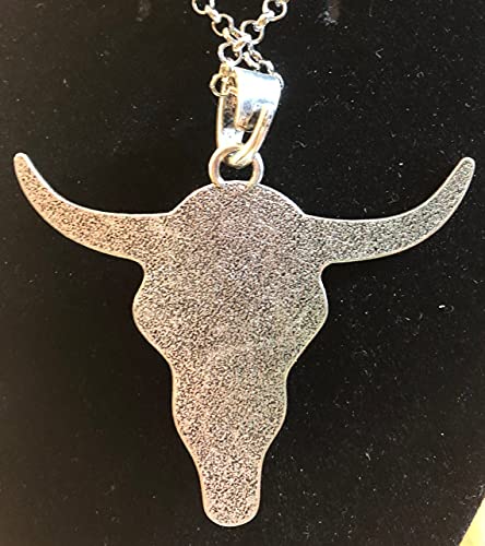 Silver Longhorn Bull Skull Buffalo Pendant, Faux Turquoise Cabochon Gift Boxed