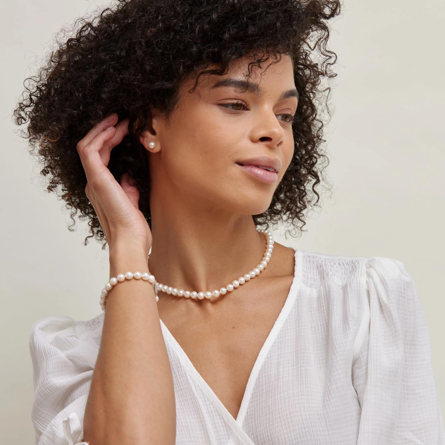 The Pearl Source Real Pearl Necklace for Women with AAA+ Quality Round White Freshwater Genuine Cultured Pearls | 14K Gold Clasp White Gold