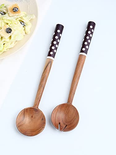YoTreasure Tiramisu Black & White Dotted Resin Wood Salad Server Set | Wooden Utensils for Serving Salad, Spoon and Fork Set for Modern Kitchen