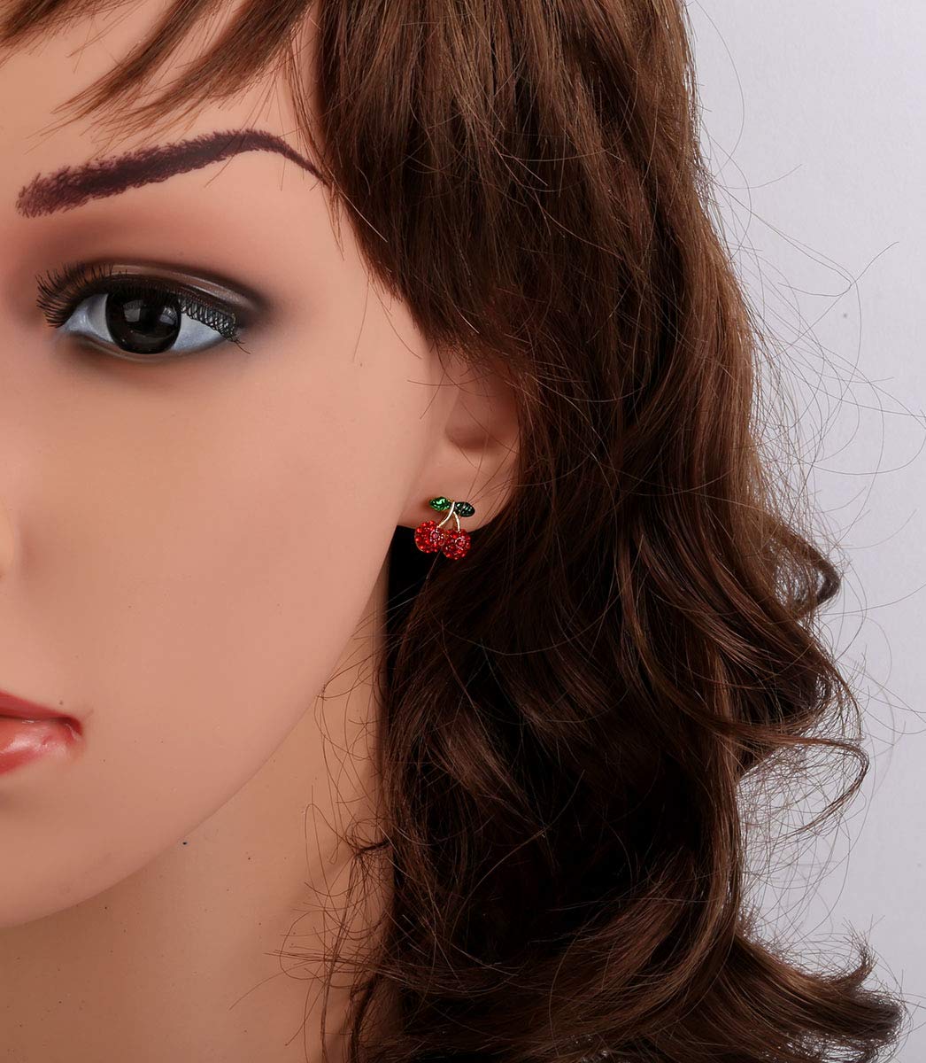 YACQ Women's Cherry Stud Earrings - Ultra Light - Lead and Nickle Free - Enamel & Crystals - Cherries De Red Fruit Charm Piercing Jewelry