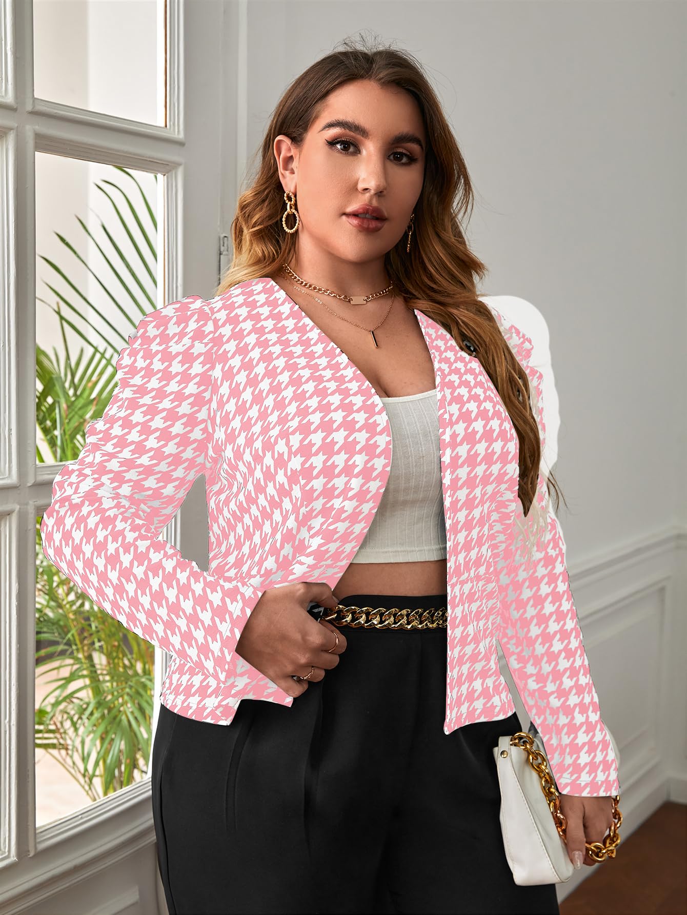 WDIRARA Women's Plus Size Houndstooth Print Long Puff Sleeve Open Front Jacket Blazer Black Houndstooth 3XL