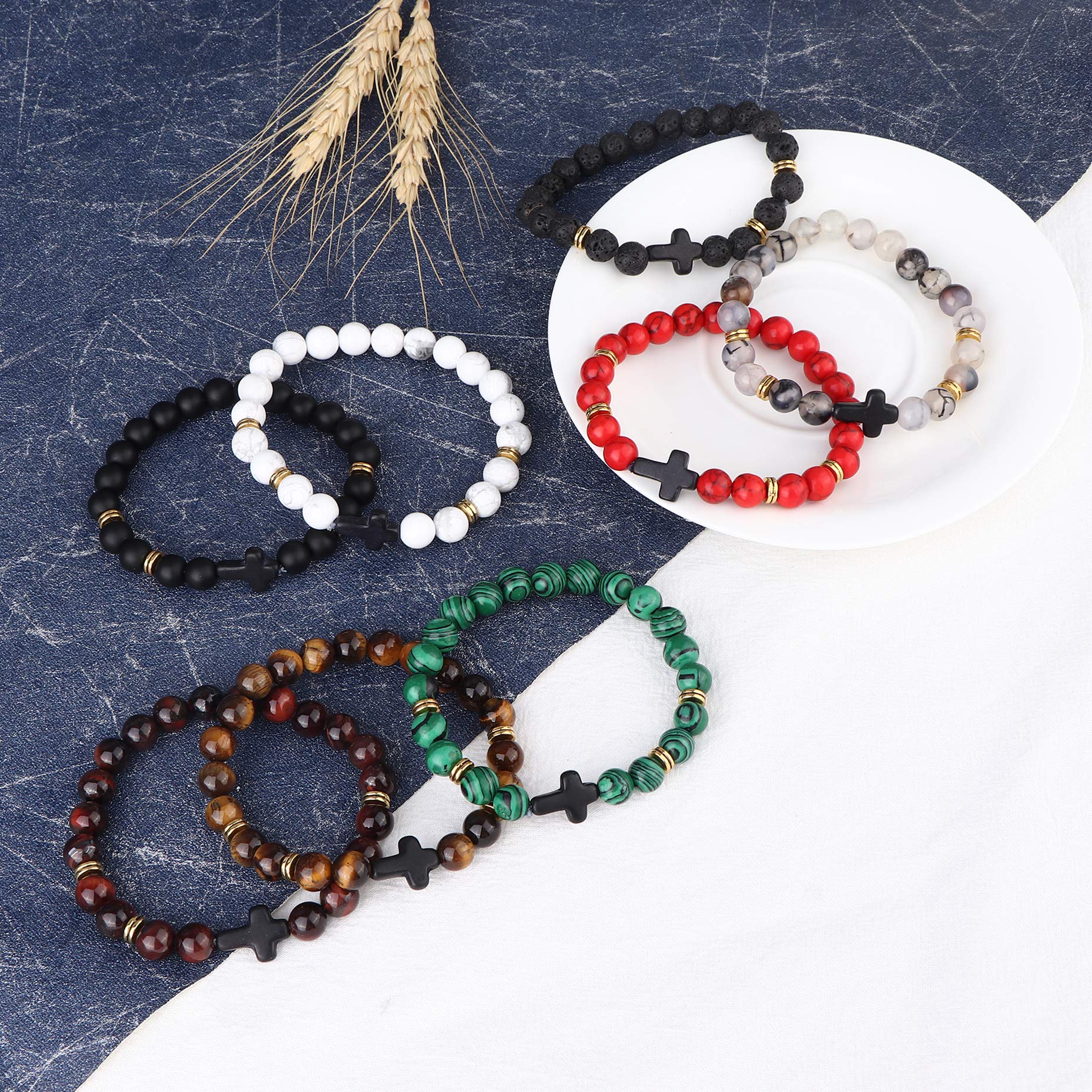 YADOCA 8 Pcs 8MM Beads Bracelet for Men Women Lava Rock Tiger Eye Stone Howlite Natural Stone Stretch Elastic Cross Bracelet Set