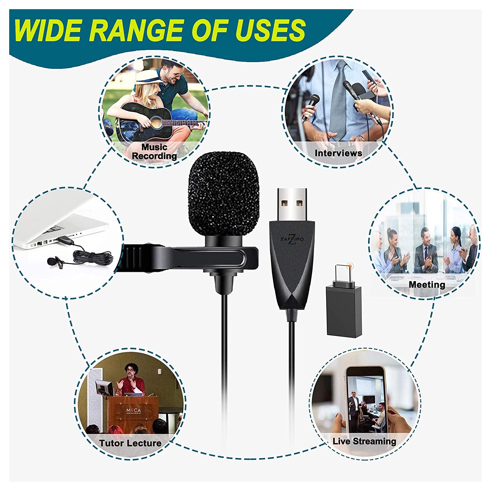 ZAFFIRO USB Lavalier Microphone, Clip-on USB Computer Microphone Plug & Play Omnidirectional Mic for PC, Laptop, Mac, PS4. Smartphone Perfect for Video Recording