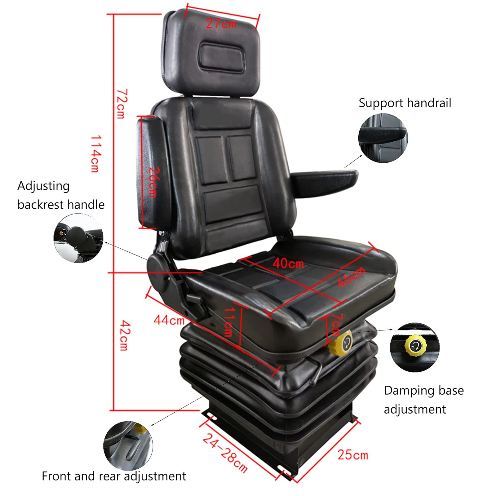 Tractor Suspension Seat, Adjustable Universal Replacement Seat W/Armrest W/Backrest, Compatible with Excavator Skid Loader Dozer Telehandler