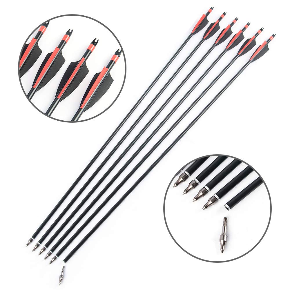 TOPOINT ARCHERY 30inch 8mm Fiberglass Hunting Practice Arrows with Replaceable Arrowhead Spine 500 for Recure and Compound Bow Target (Pack of 12) (2 Black 1 red vanes)