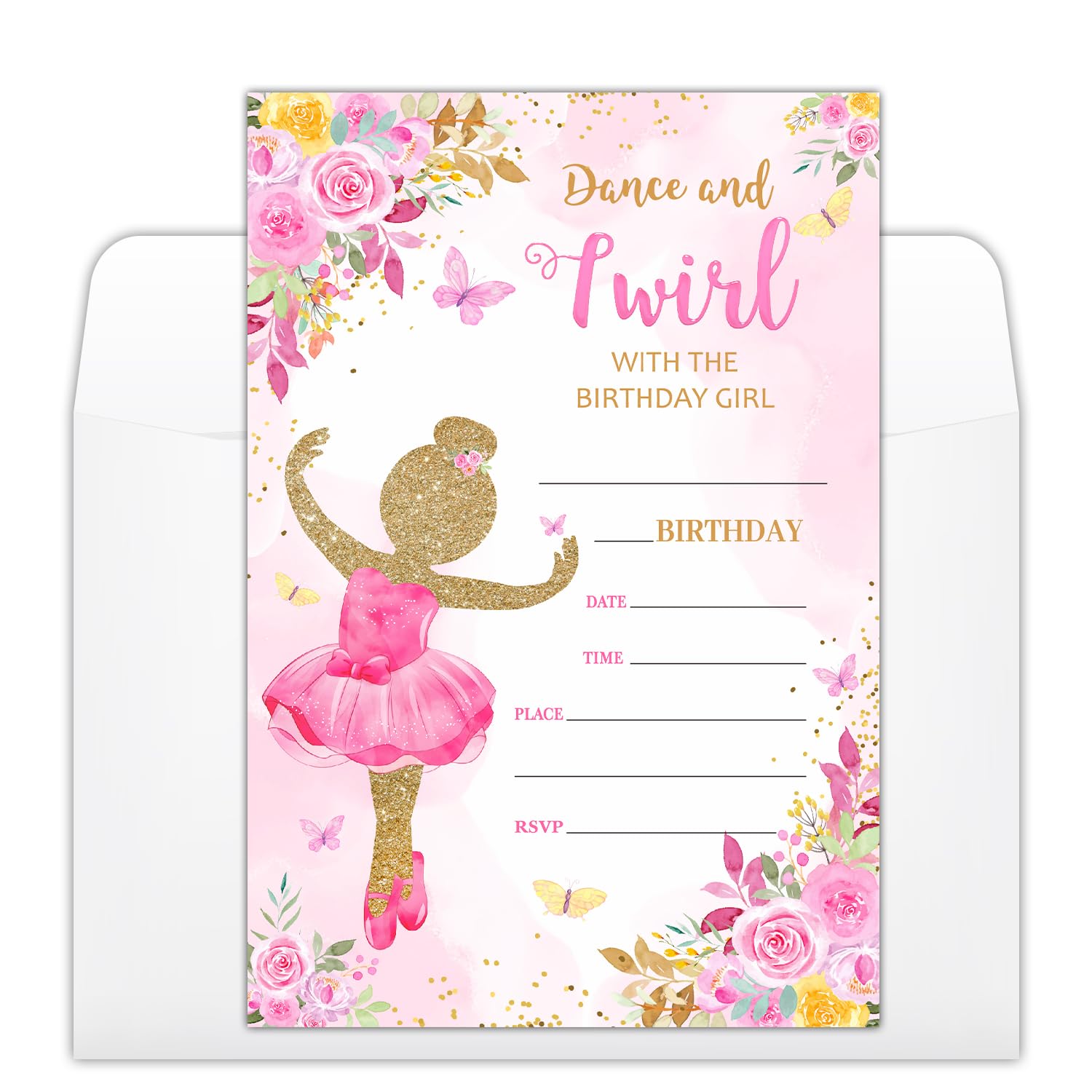 YUEXLL Dance and Twirl Birthday Party Invitations Cards with Envelopes, Gold Ballet Dance Party Invitations, Birthday Celebration Supplies, Double-sided Fill-in bday Invites for Boys Girls- A23