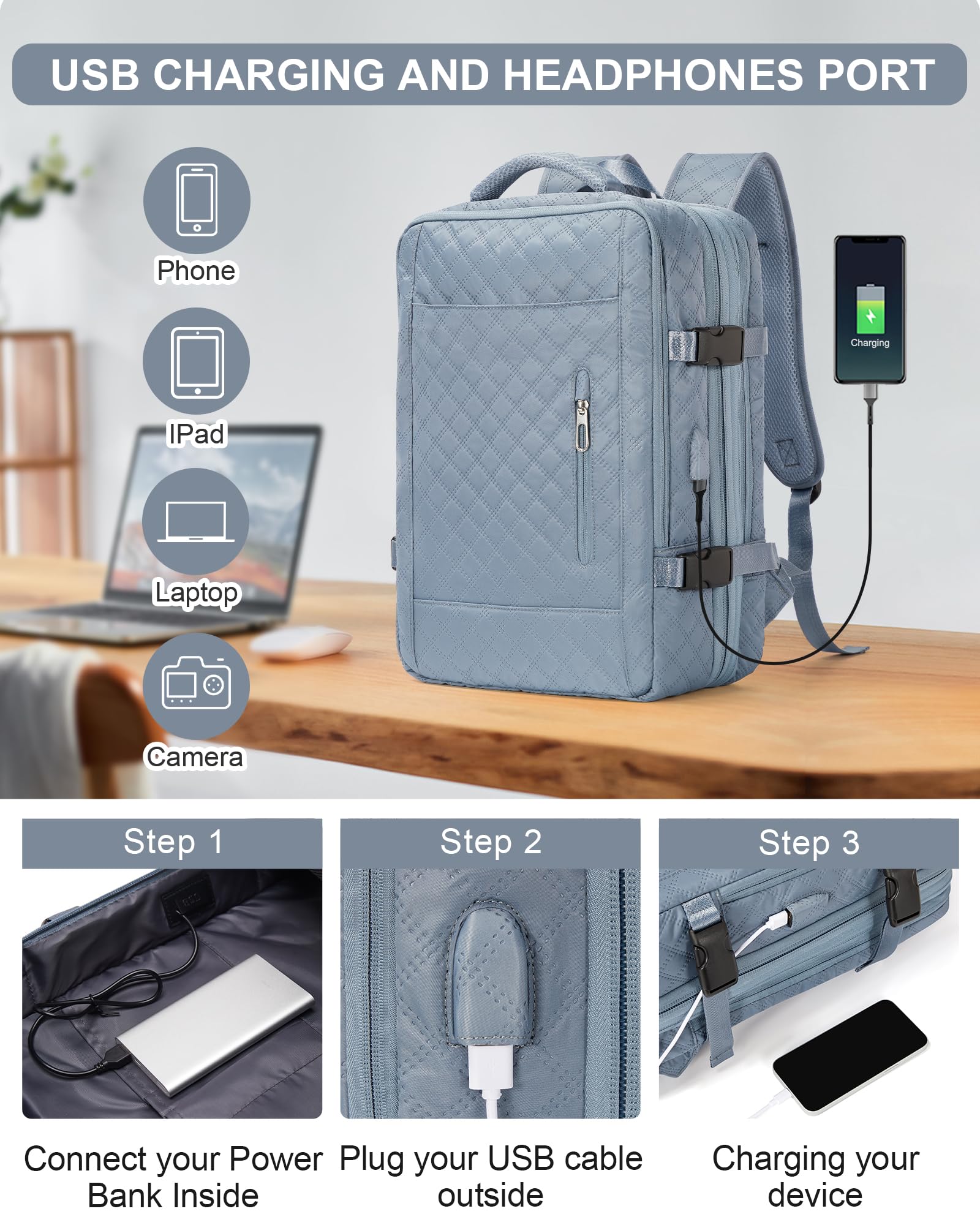 WONHOX Travel Backpack for Women Carry On Airline Flight Approved Expandable Work Personal Item size Backpack Bag with Laptop compartment for College Men Hiking Waterproof Mochila de Viaje Black