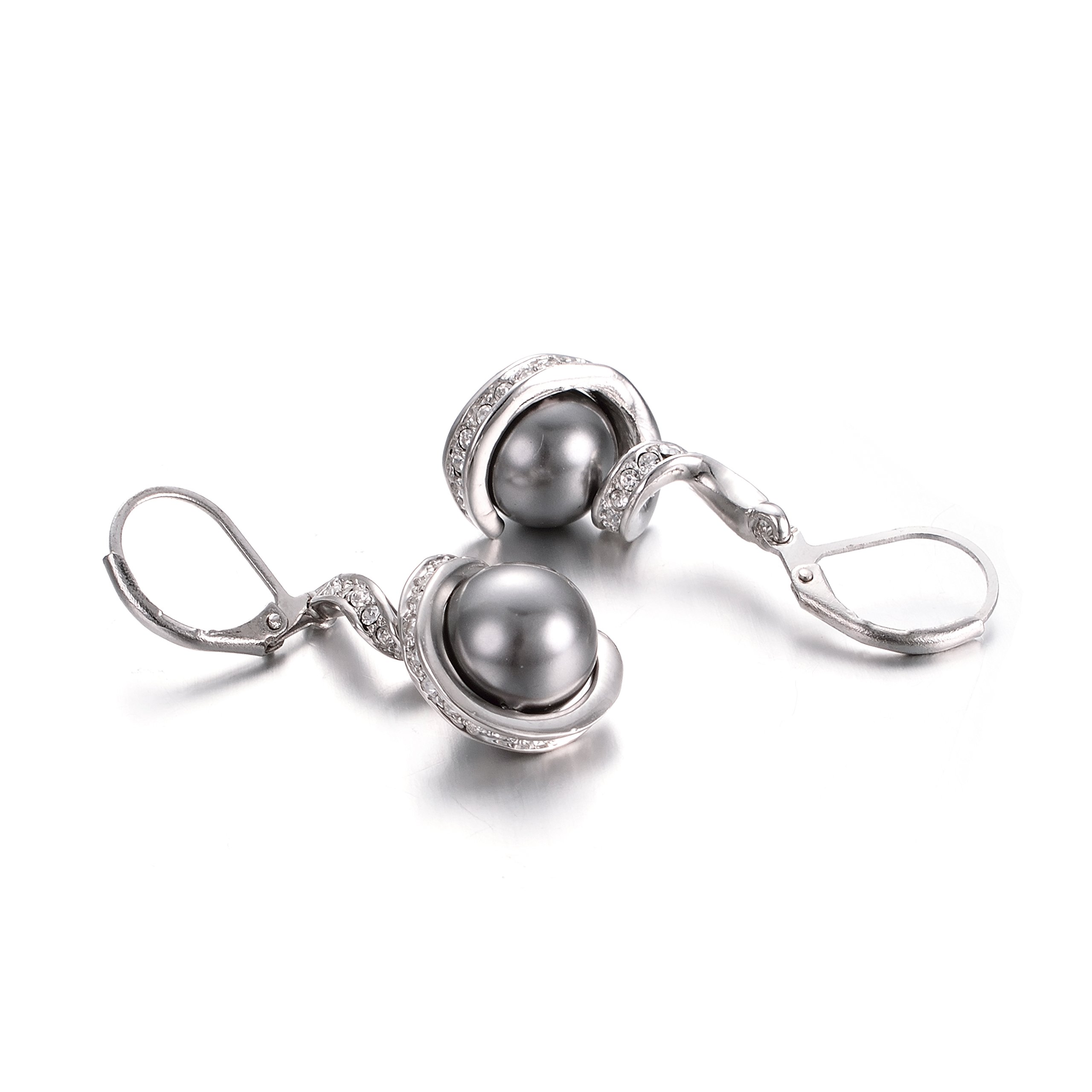 Yoursfs Lab Created Grey Pearl Drop Earrings for Women Platinum Plated Crystal Rhinestone Womens Leverback Earrings Dangles Bridal Jewelry