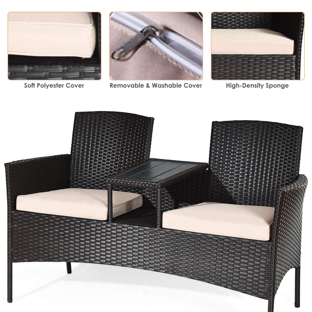 Tangkula Outdoor Rattan Loveseat, Patio Conversation Set with Cushions & Table, Modern Patented Wicker Sofa Set with Built-in Coffee Table, Rattan Sofas for Garden Lawn Backyard