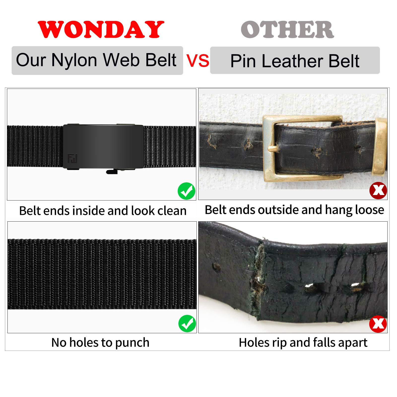 WONDAY Nylon Ratchet Belt 2 Pack, Web Belts for Men Nylon Belt Automatic Slide Buckle (Black+Grey, S - Fit waist 30"-36")