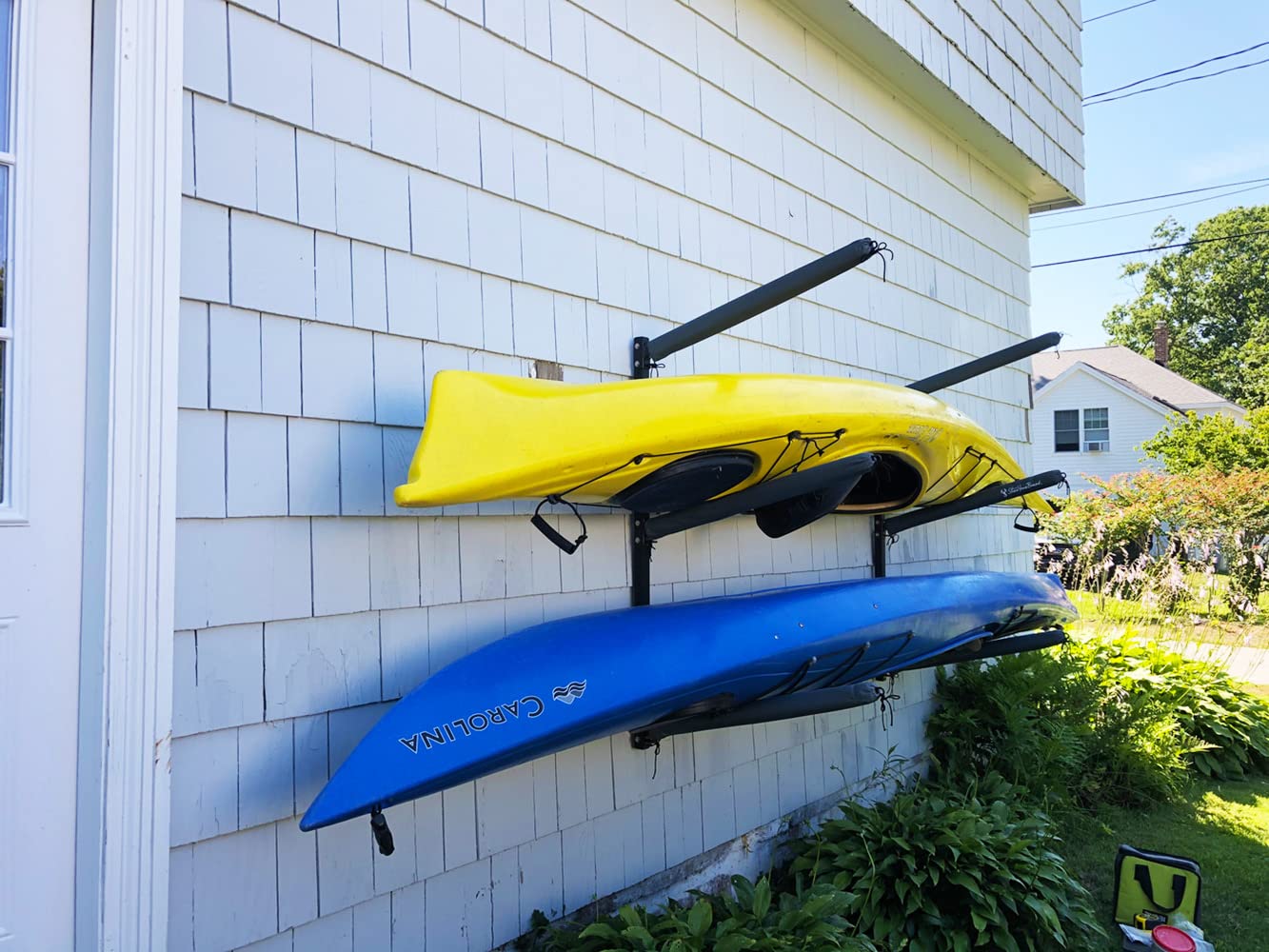 StoreYourBoard Outdoor 4 Kayak Storage Rack, Wall Mount, Holds 400 lbs, All Weather Heavy-Duty Metal Organizer, Adjustable Levels