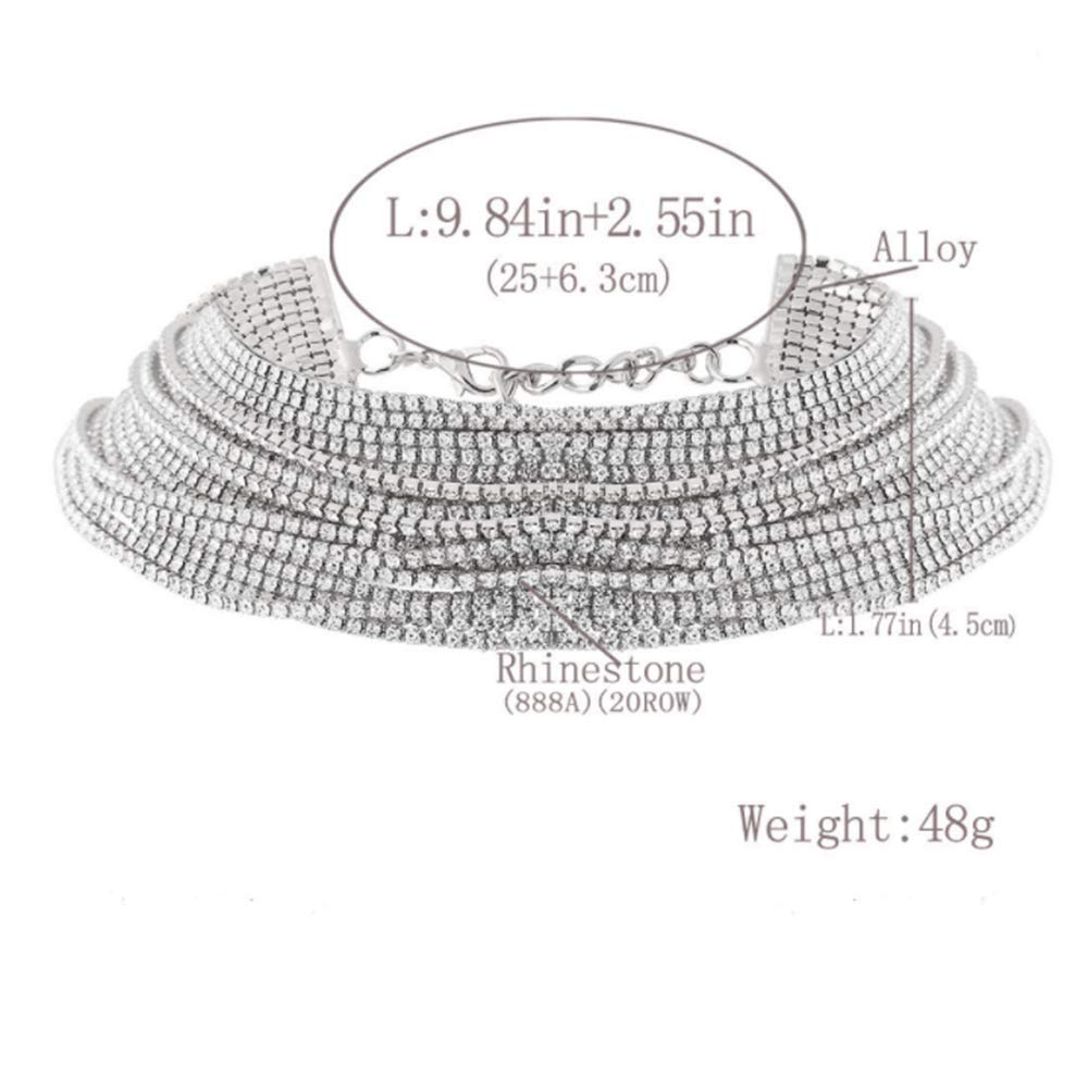 YERTTER Women Waterfall Rhinestone Chain Multilayered Chain Full Crystal Tight Sparkly Choker for Party Prom Vacation (Silver)