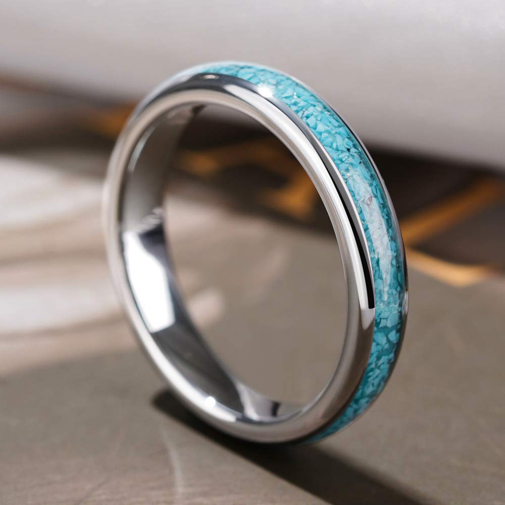 THREE KEYS JEWELRY Women Wedding Bands 4mm Tungsten Viking Carbide Created-turquoise Granules Ring with Jewels Flat Polished Infinity Unique for Her Silver Size 8
