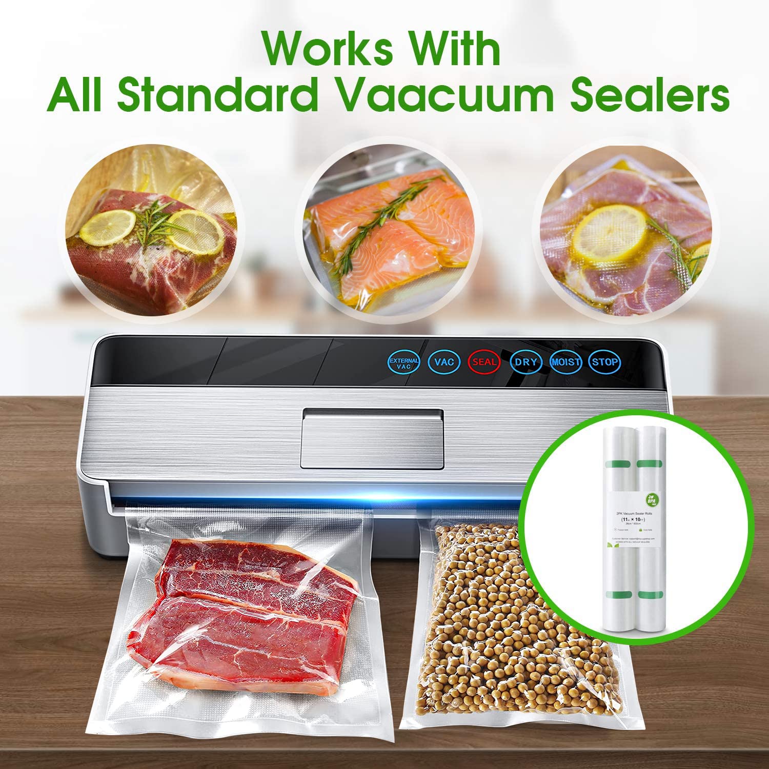 Vacuum Sealer Bags, 2 Rolls Thicker Heavy-Duty Commercial Quality Textured Vacuum Seal Bags for Food Storage Saver Sous Vide Cooking