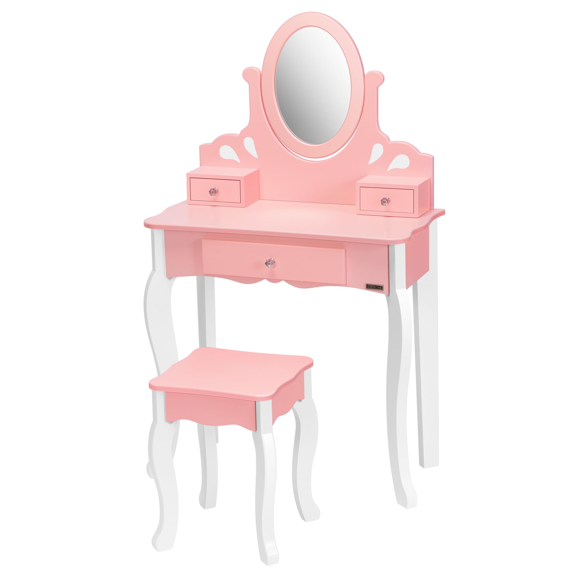 VIVOHOME Kids Vanity Set, Makeup Dressing Table with 360° Rotating Mirror for Girls, Pink Makeup Vanity Set with 10 Dimmable LED Bulbs, with 360° Rotating Lighted Mirror, White
