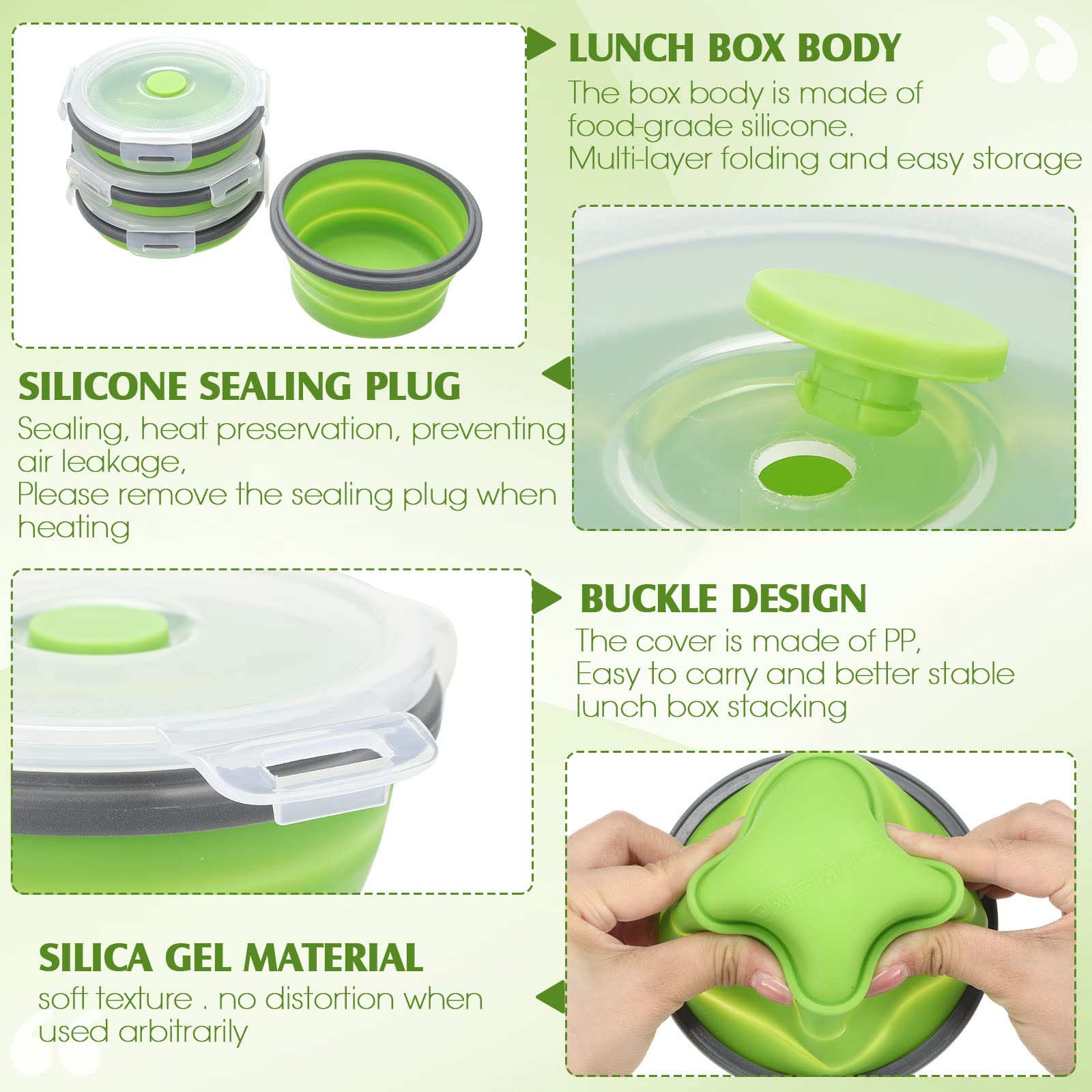 Tanlade 12 Pack Collapsible Bowls with Lids 17oz Collapsible Food Storage Containers Round Lunch Containers Silicone Collapsible Bowls for Camping RV Kitchen Microwave Dishwasher (Gray, Green)