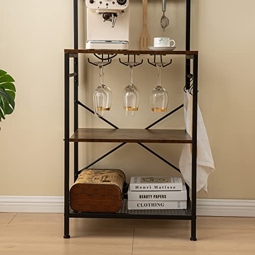 SUNTAGE Kitchen Baker's Rack, Microwave Stand with Storage Cabinet, Coffee Bar Station, Kitchen Shelf Organizer with 4-Tier Shelves, Wine Cup Holders, Kitchen Rack Rustic Brown