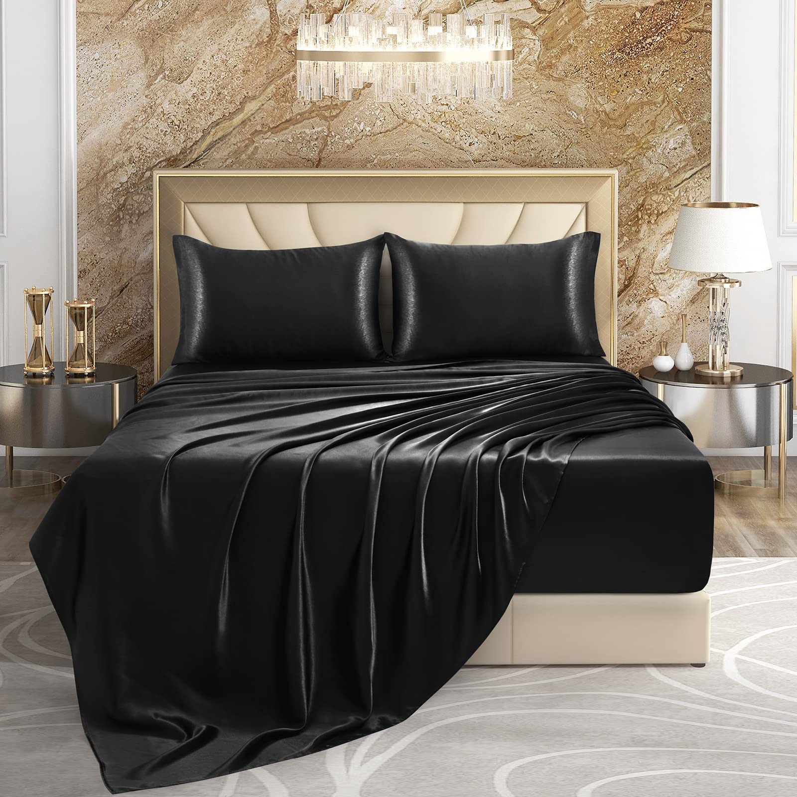 VACVELT 4pcs Extra Deep Pocket Satin Sheets Queen Size Bed Set, Black Satin Sheet Set Fit 18-24 Inch Deep Pocket Mattress, Silky & Luxury Satin Bedding Set Soft & Ultra Deep Fitted Sheet Set