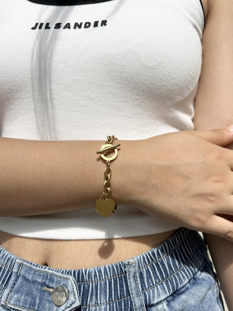 WangGao Elegent Love Stainless Steel Link Chain Blank Heart Charms Bracelet for Women Fits 6.27-7.24'' Wrist Toggle Clasp Closure Gold